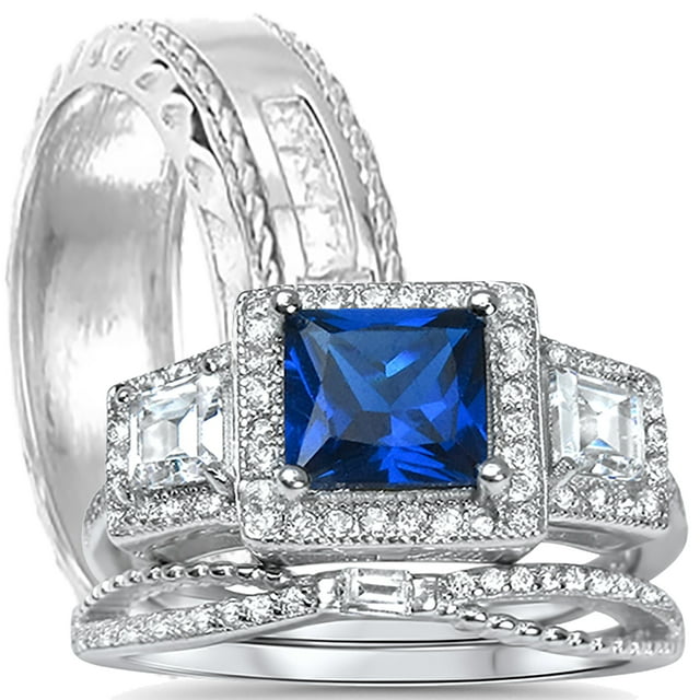 LaRaso & Co Trio His Her Wedding Rings Set Silver Blue Engagement ...