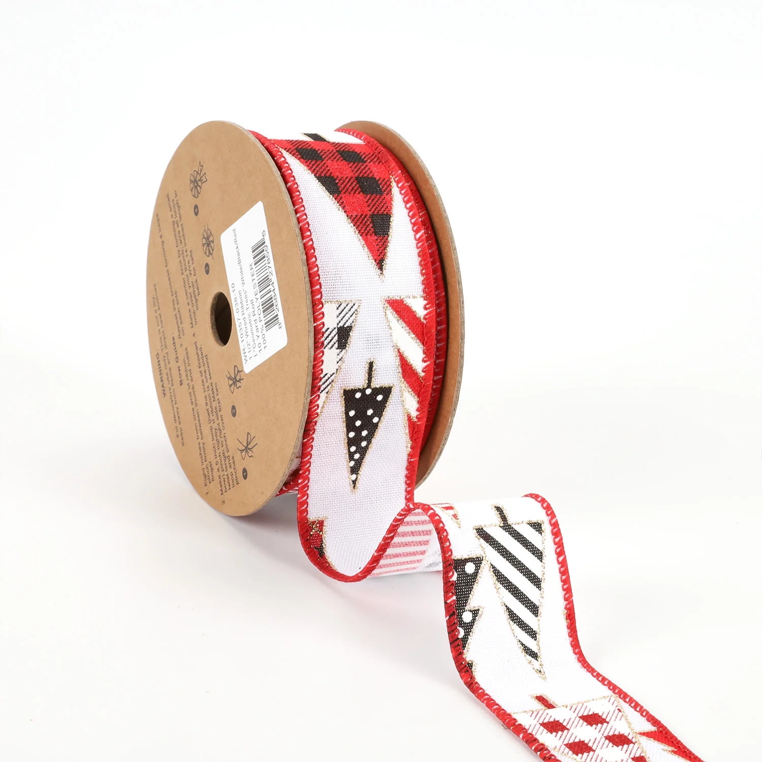 LaRibbons 1 1/2" Wired Ribbon | "Geometric Trees" White/Black/Red | 10 ...