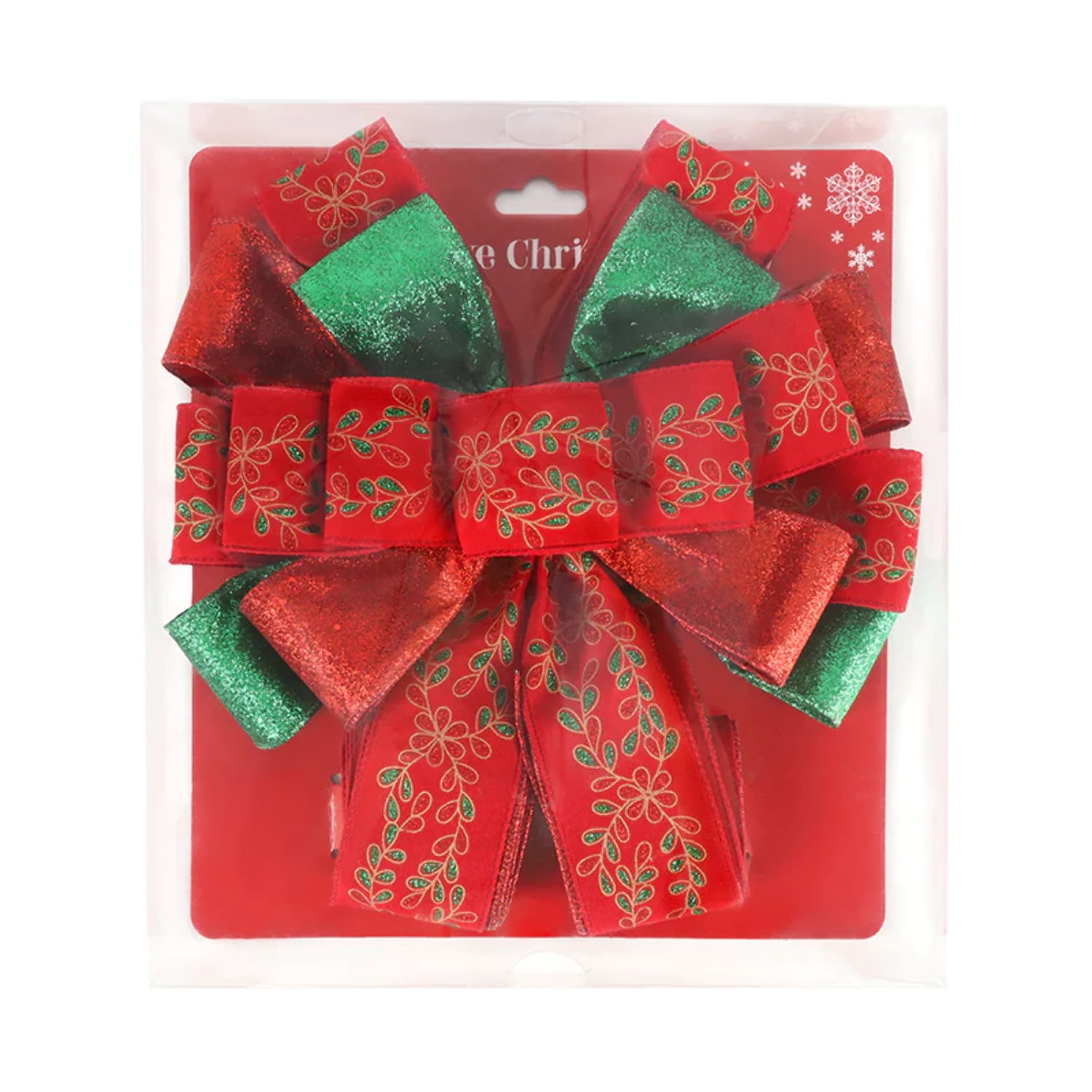"LaRibbons 13"" Christmas Tree Topper Bow | Red/Green Glitter Floral ...