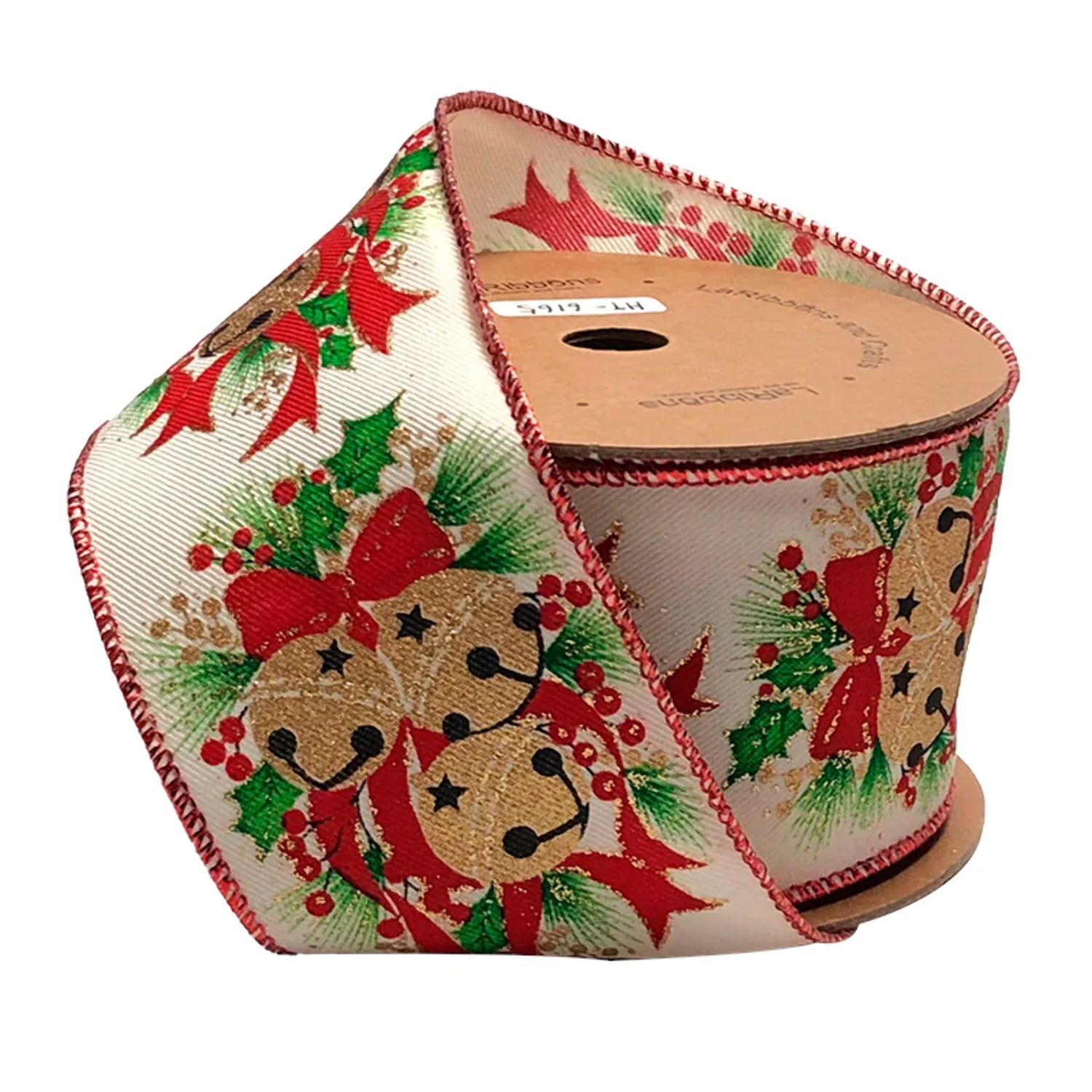 LaRibbons 2 1/2 Holiday Wired Ribbon | White Bells w/ Holly | 10 Yard ...