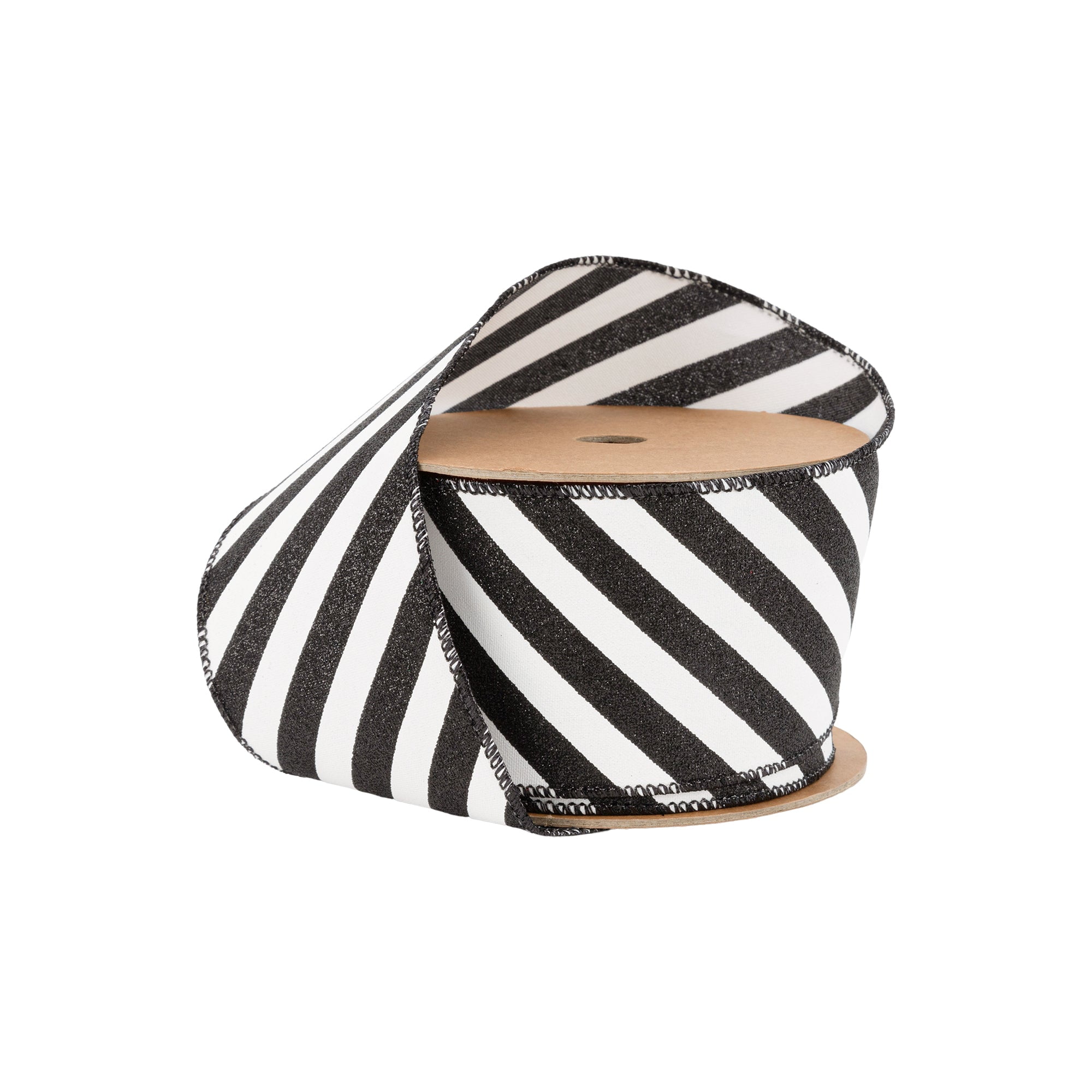 LaRibbons 2 1/2" Wired Ribbon, Black Glittered Diagonal Stripes on ...