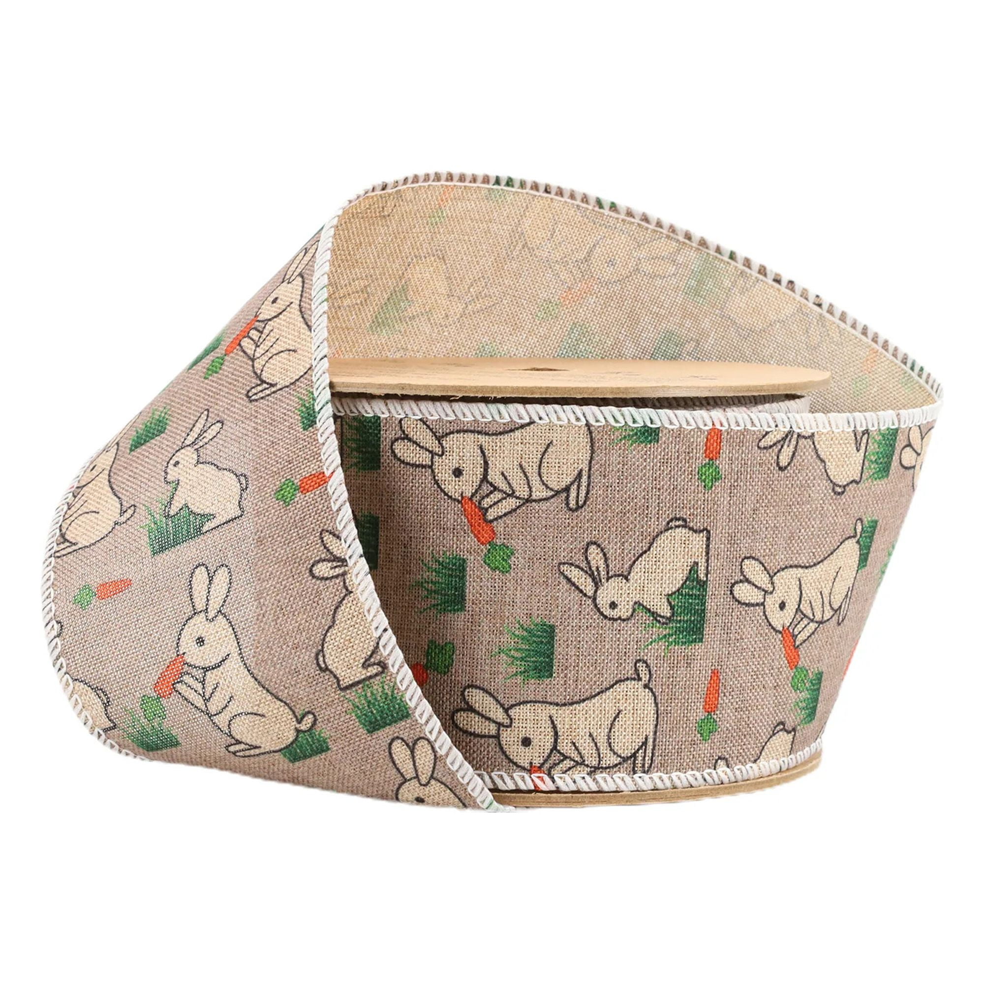 LaRibbons 2 1/2" Wired Ribbon | Bunny w/ Carrot on Natural Linen | 10 ...
