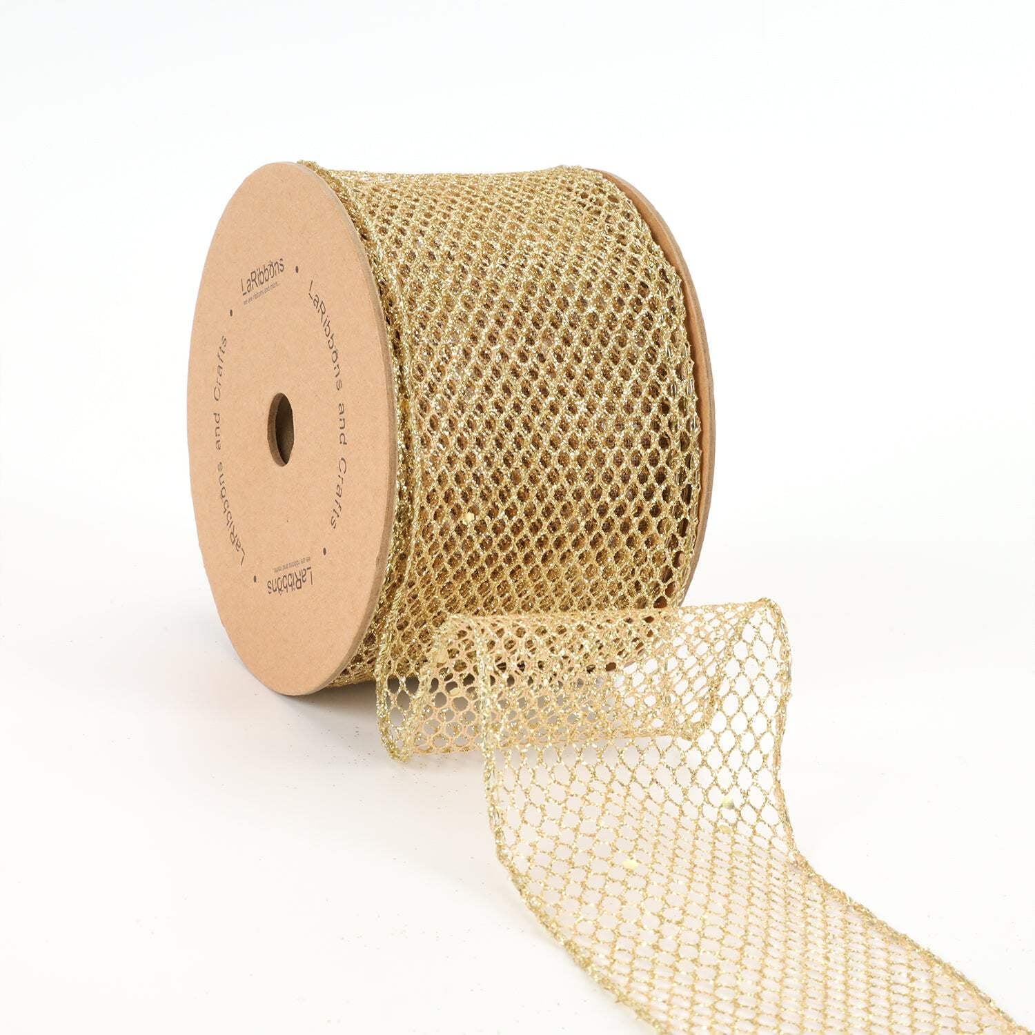 LaRibbons 2 1/2" Wired Ribbon | "Glitter Net" Gold | 10 Yard Roll ...