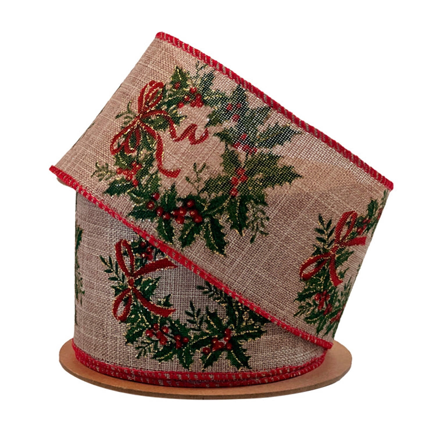 LaRibbons 2 1/2" Wired Ribbon | "Holiday Wreath" Natural/Green | 10 ...