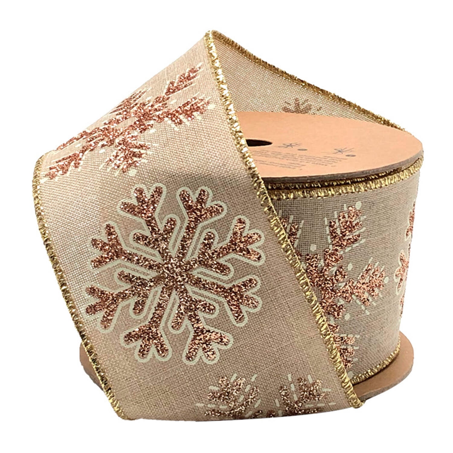 LaRibbons 2 1/2" Wired Ribbon | "Jumbo Glitter Snowflake" Natural/Gold ...