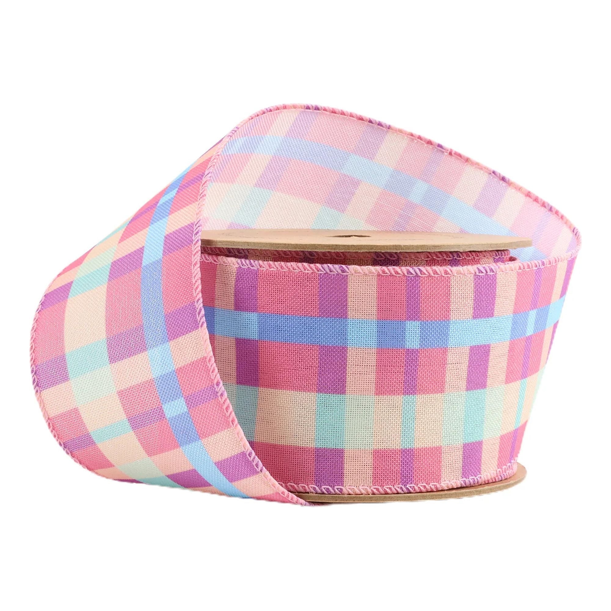 LaRibbons 2 1/2 Wired Ribbon | Pink/Yellow/Blue/Green Bright Plaid | 10 ...