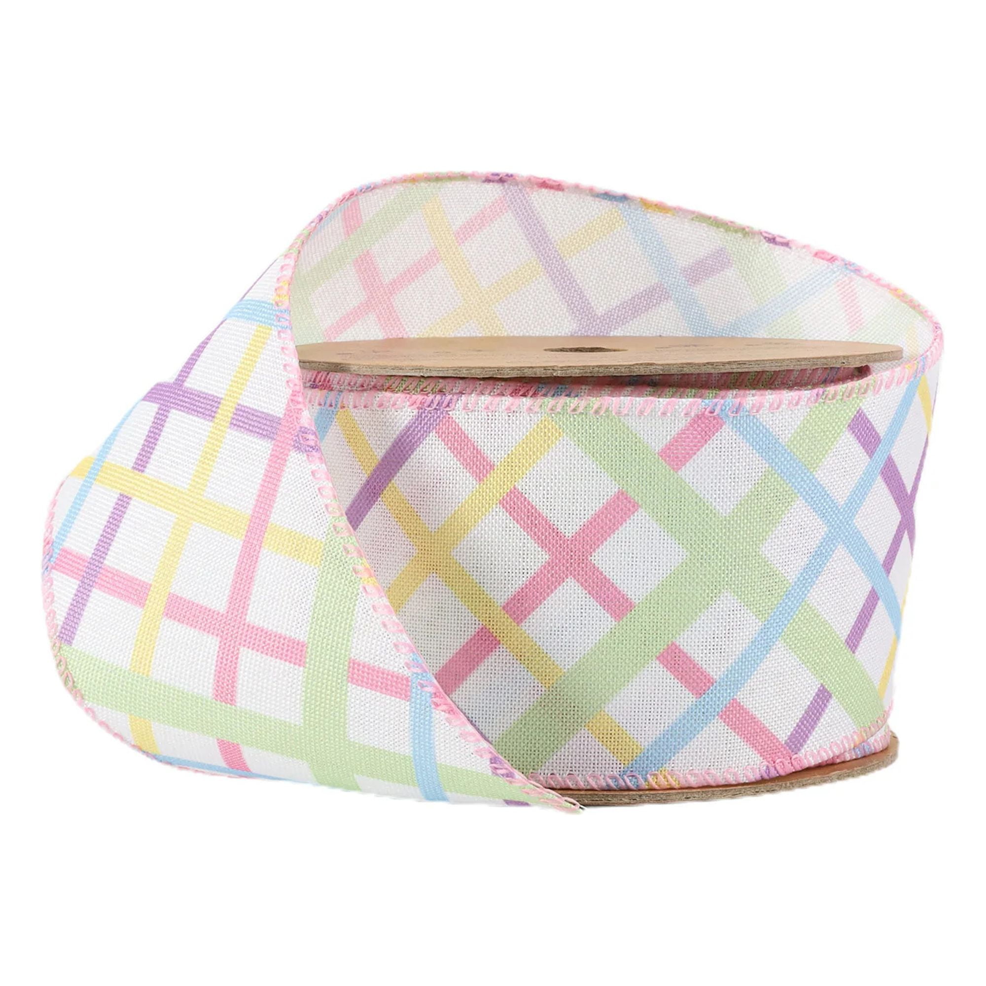 LaRibbons 2 1/2 Wired Ribbon | White w/ Pastel Bias Plaid | 10 Yard ...