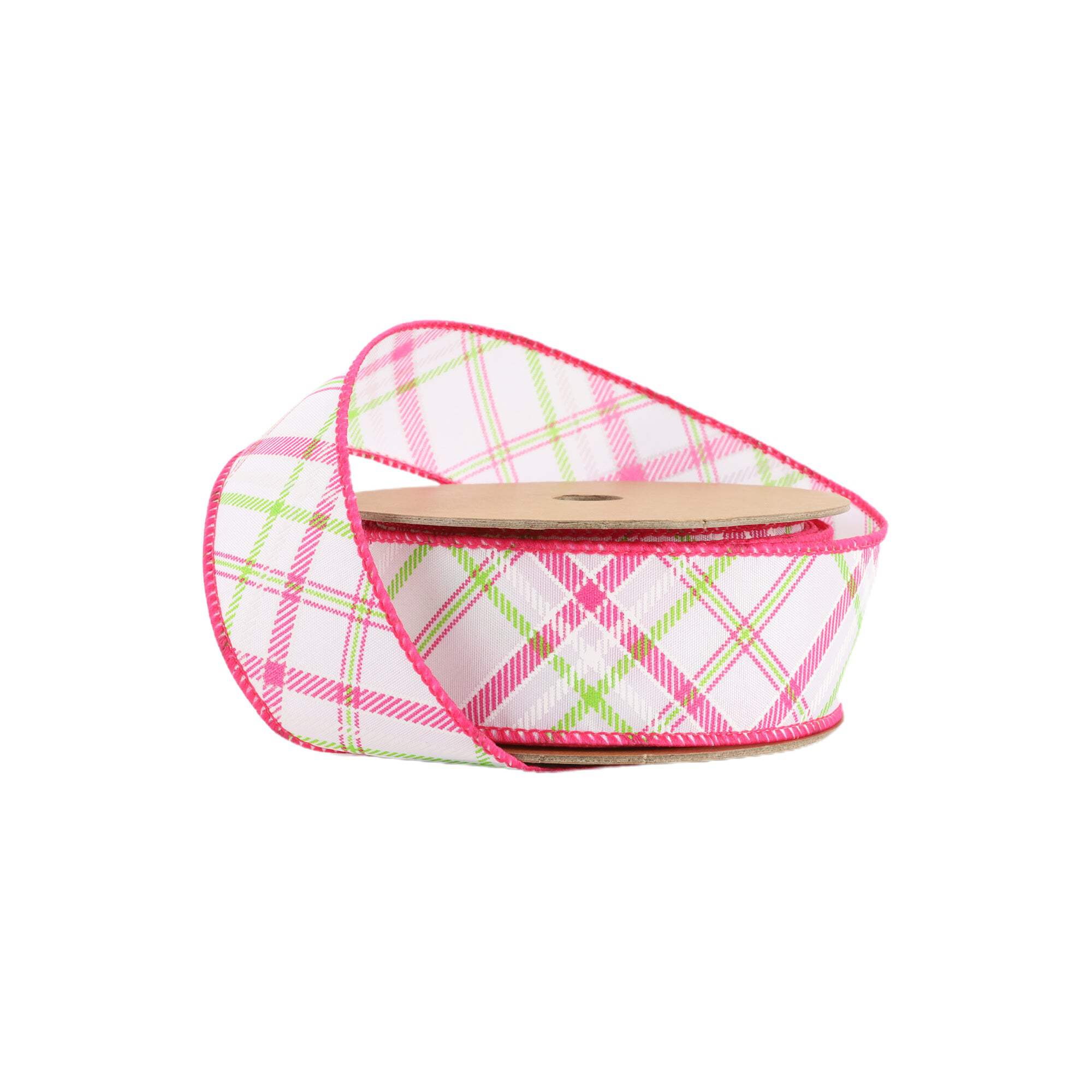LaRibbons Wired Ribbon | White w/ Pastel Pink and Green Bias Plaid | 10 ...
