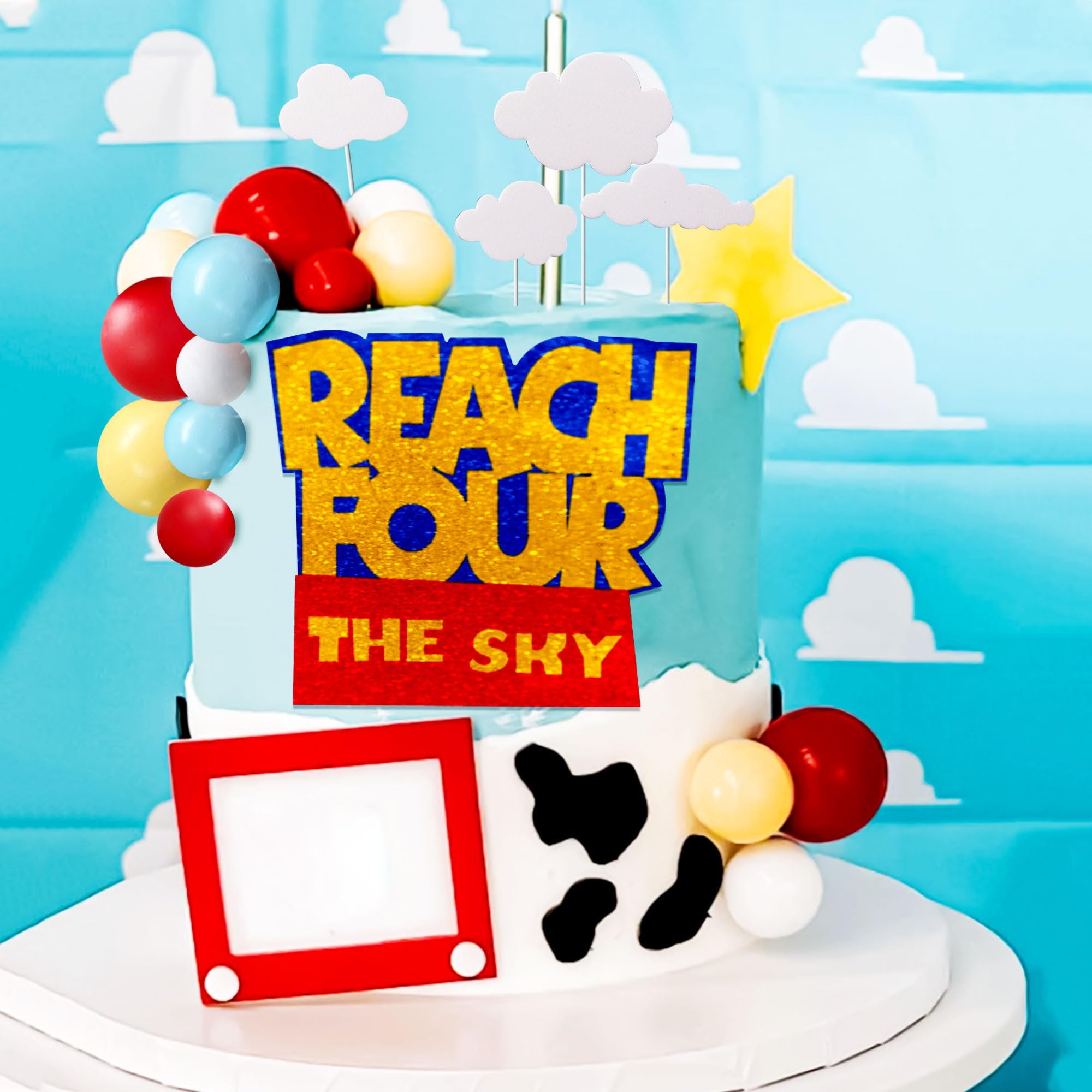 LaVenty Reach Four the Sky Cake Topper Birthday Decorations Yellow Red ...