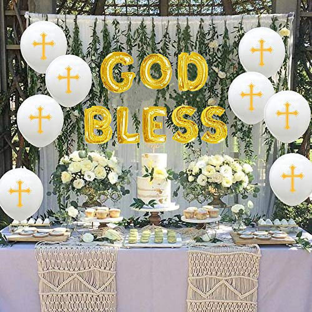LaVenty Set of 11 Gold God Bless Balloons Cross Balloons God Bless ...