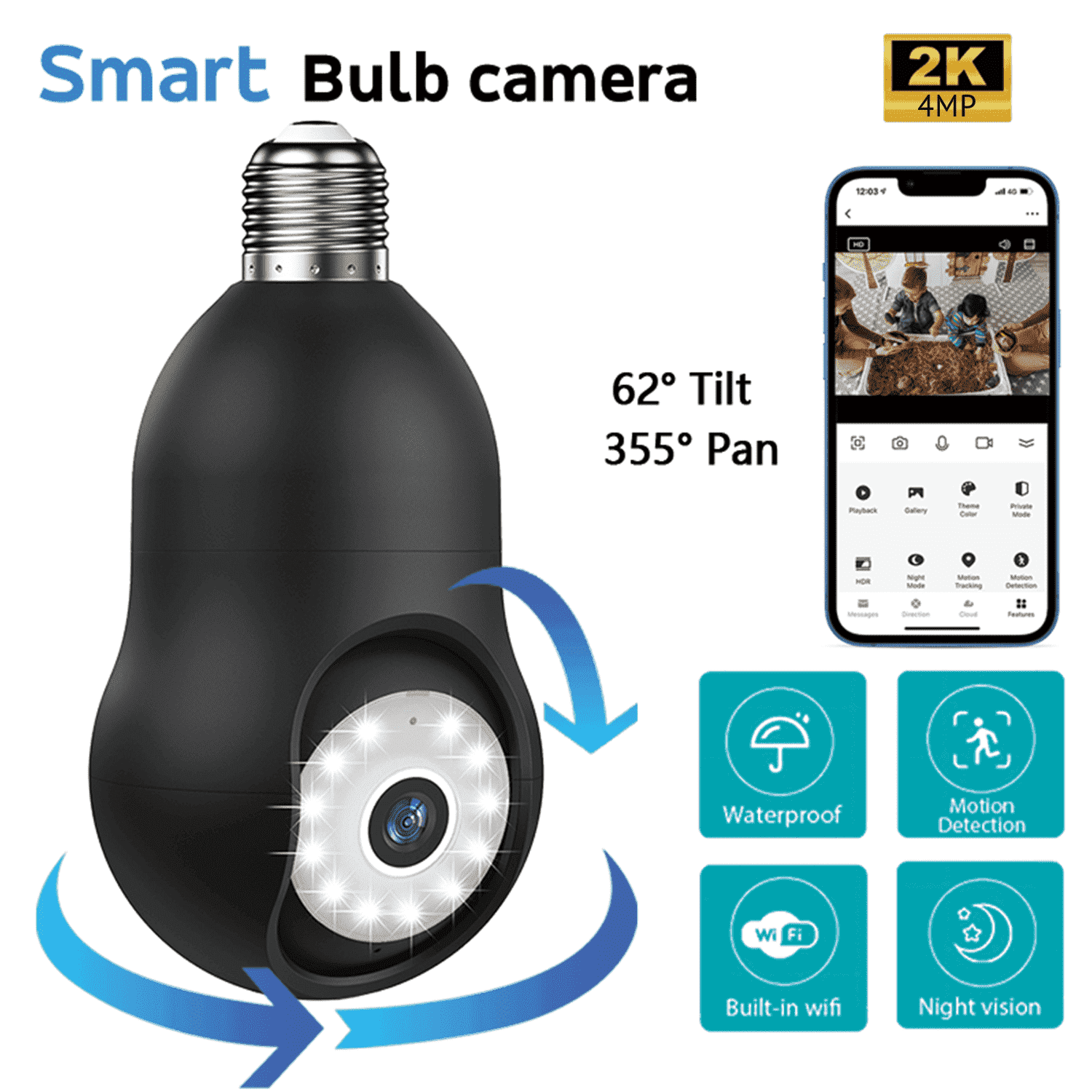 4MP Light Bulb Security Camera 2.4GHz WiFi, 360°2K Dome Security Camera ...