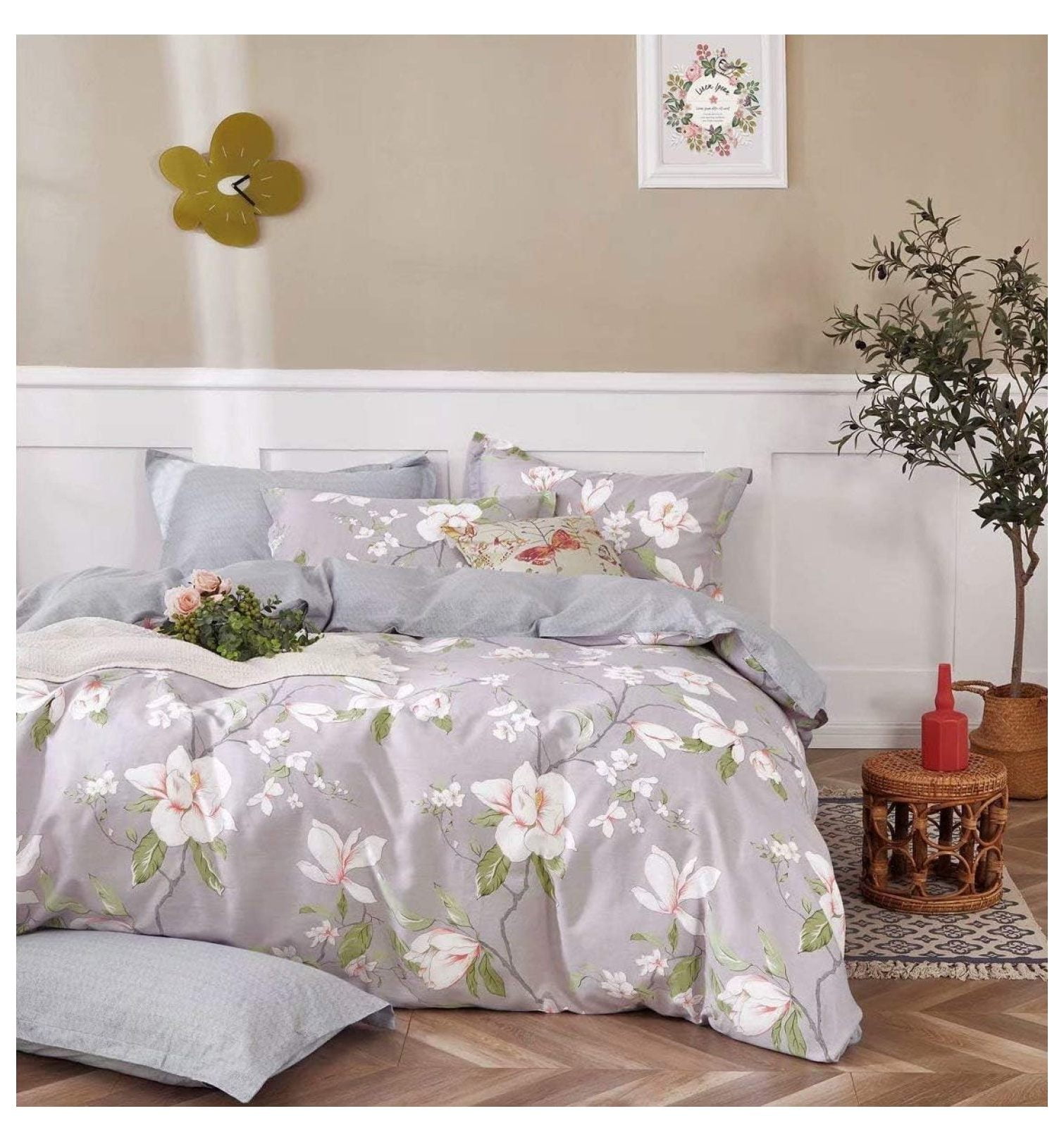 LaYelxt Magnolia Floral 3-Piece 100% Cotton Bedding Set: Duvet Cover ...