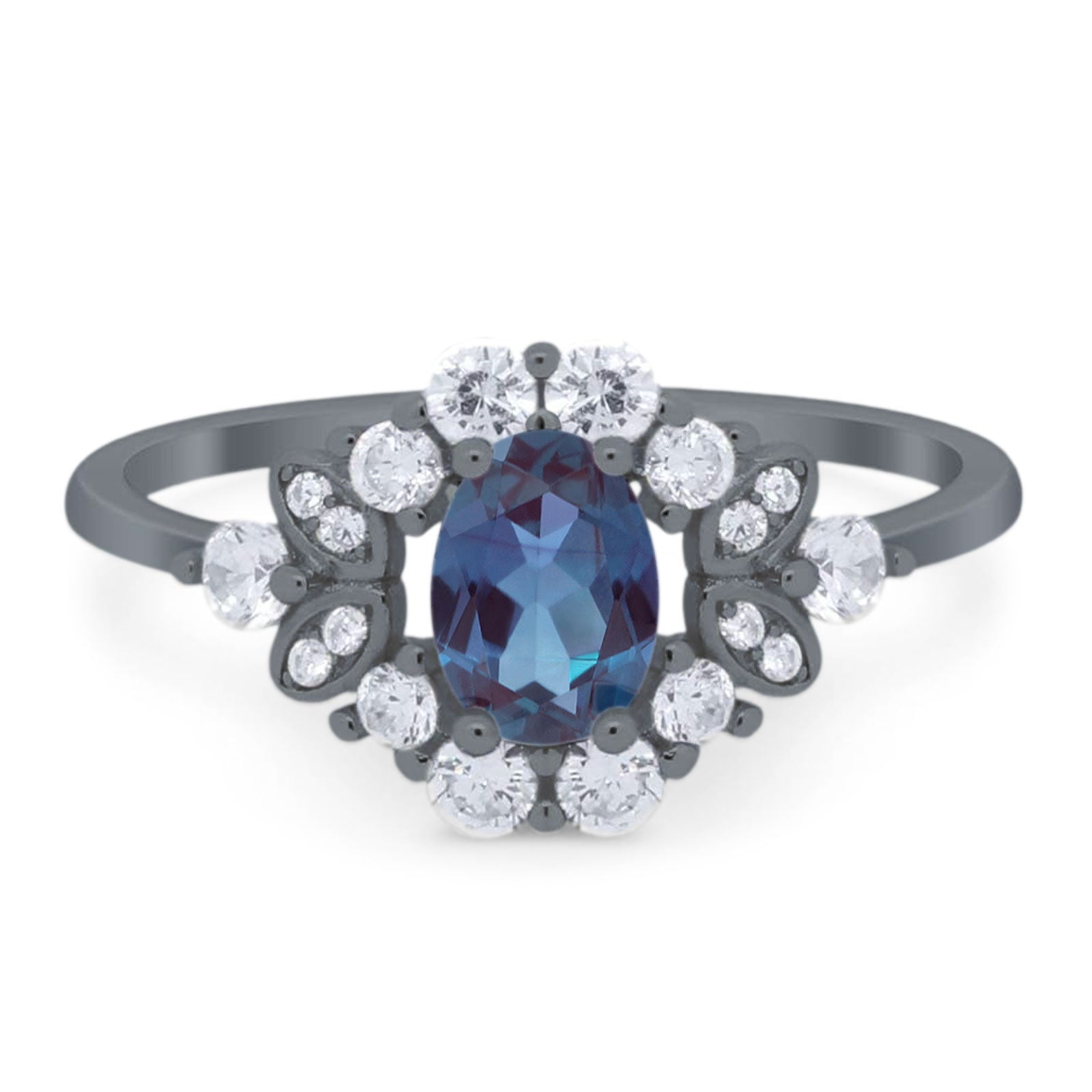Lab Alexandrite Black Tone Silver Size-10 Art Deco Oval Flower Ring ...
