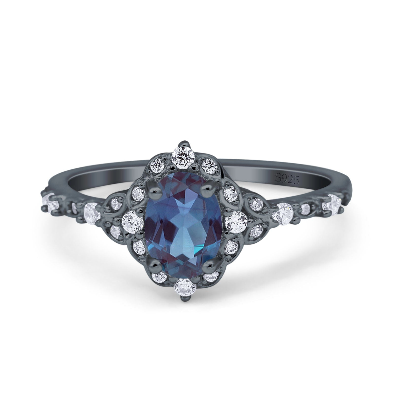 Lab Alexandrite Black Tone Silver Size-5 Art Deco Oval Halo CZ Marquise ...