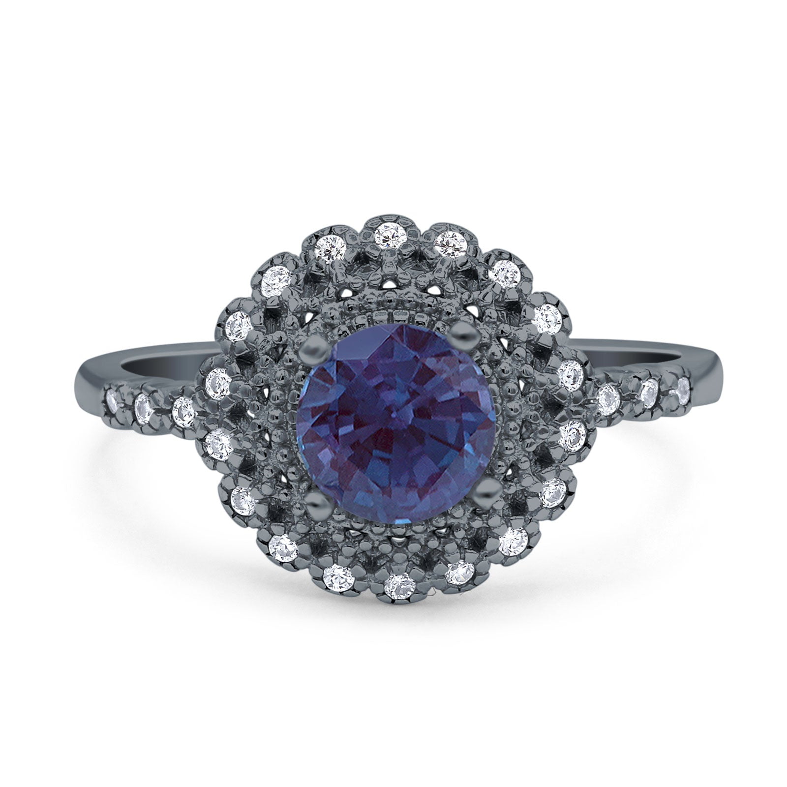 Lab Alexandrite Black Tone Silver Size-5 Art Deco Round Beaded Flower ...