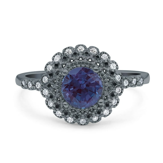 Lab Alexandrite Black Tone Silver Size-5 Art Deco Round Beaded Flower ...