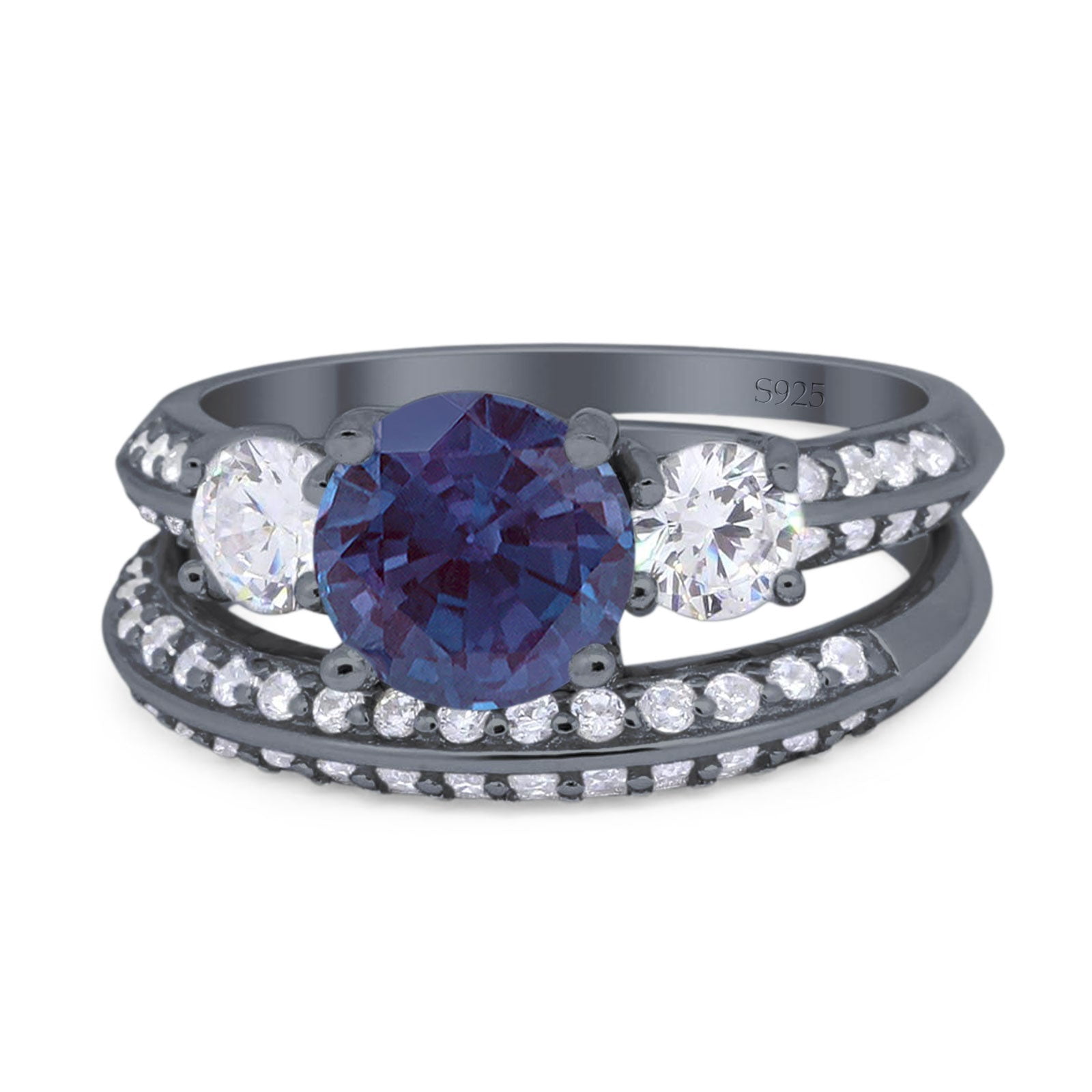 Lab Alexandrite Black Tone Silver Size-7 Two Piece Three Stone Round ...