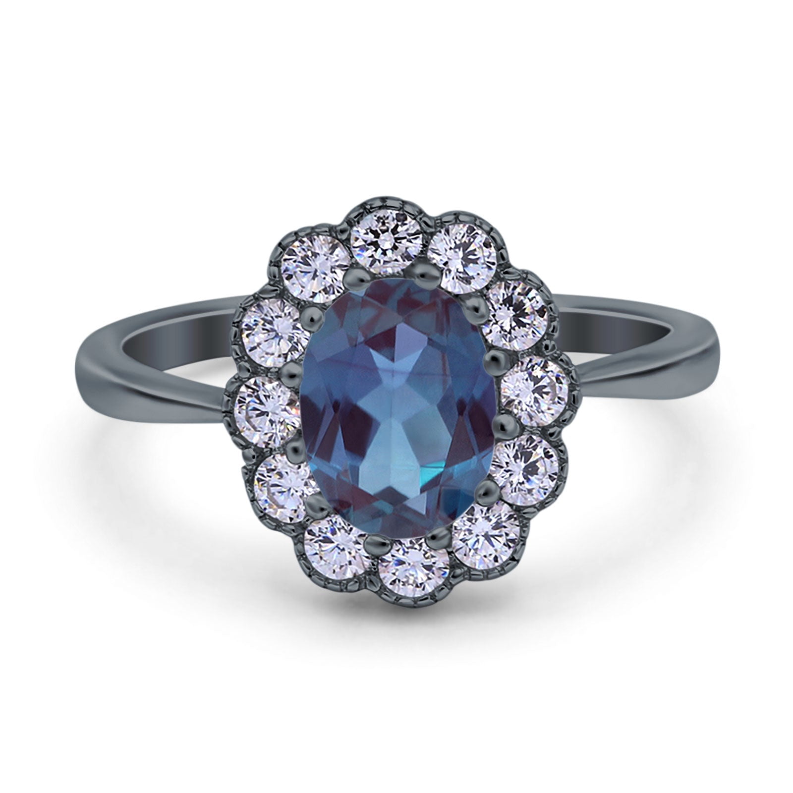 Lab Alexandrite Black Tone Silver Size-9 Art Deco Oval Flower Ring ...