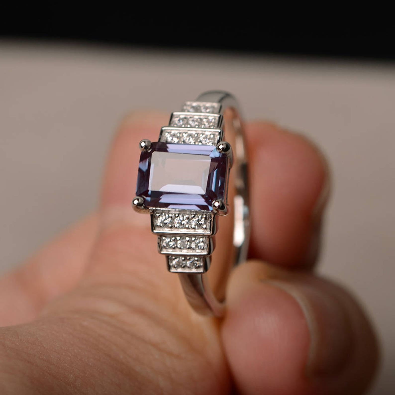 Lab Alexandrite Ring Engagement Ring Emerald Cut Color Change Gemstone ...