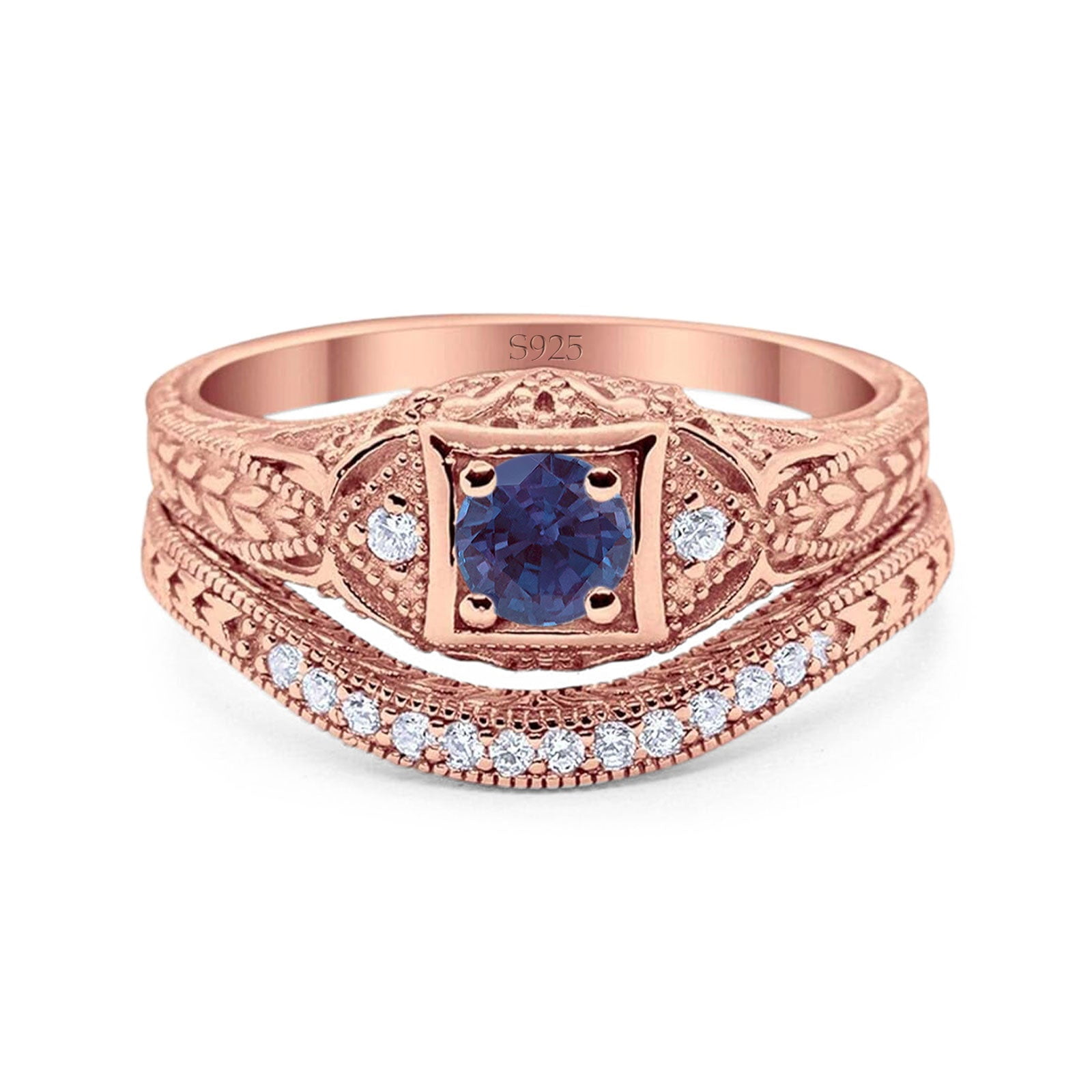 Lab Alexandrite Rose Tone Silver Size-10 Two Piece Round Vintage Style ...
