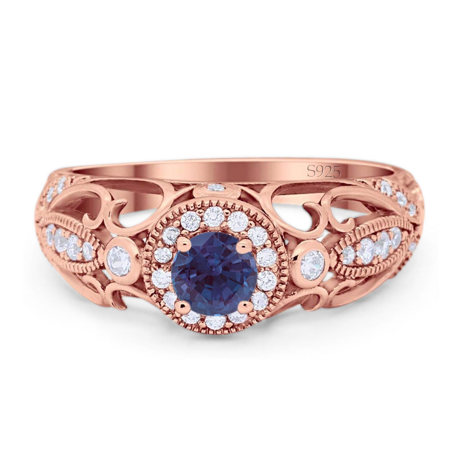 Lab Alexandrite Rose Tone Silver Size-8 Art Deco Ring Round Filigree ...
