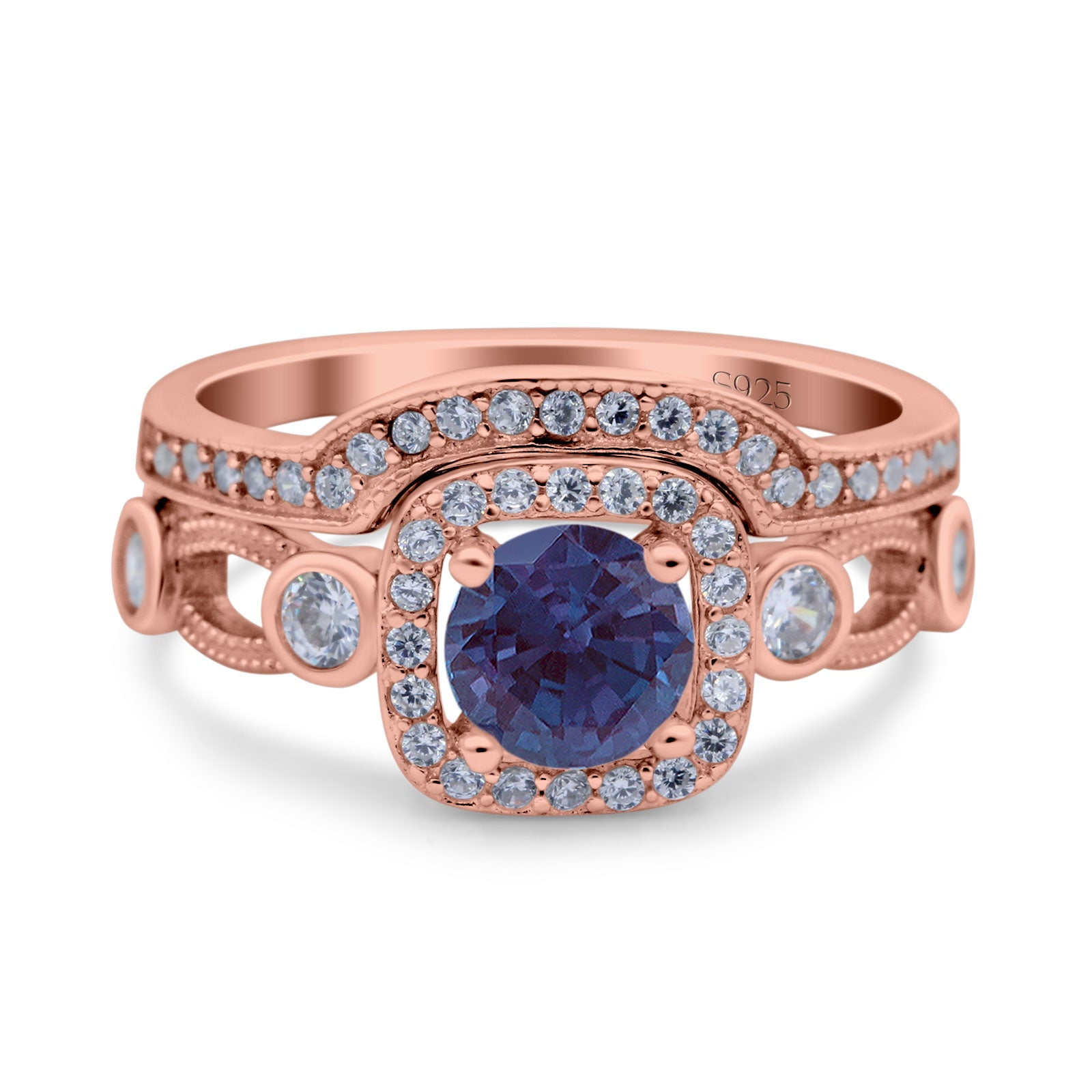 Lab Alexandrite Rose Tone Silver Size-8 Two Piece Round Vintage Style ...