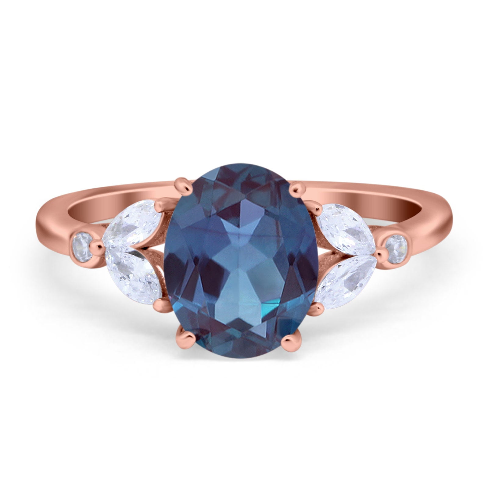 Lab Alexandrite Rose Tone Silver Size-9 Oval Vintage Style Leaf Design Marquise CZ Wedding ...