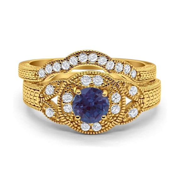 Lab Alexandrite Yellow Tone Silver Size-10 Two Piece Art Deco Round ...