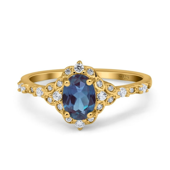 Lab Alexandrite Yellow Tone Silver Size-7 Art Deco Oval Halo CZ ...