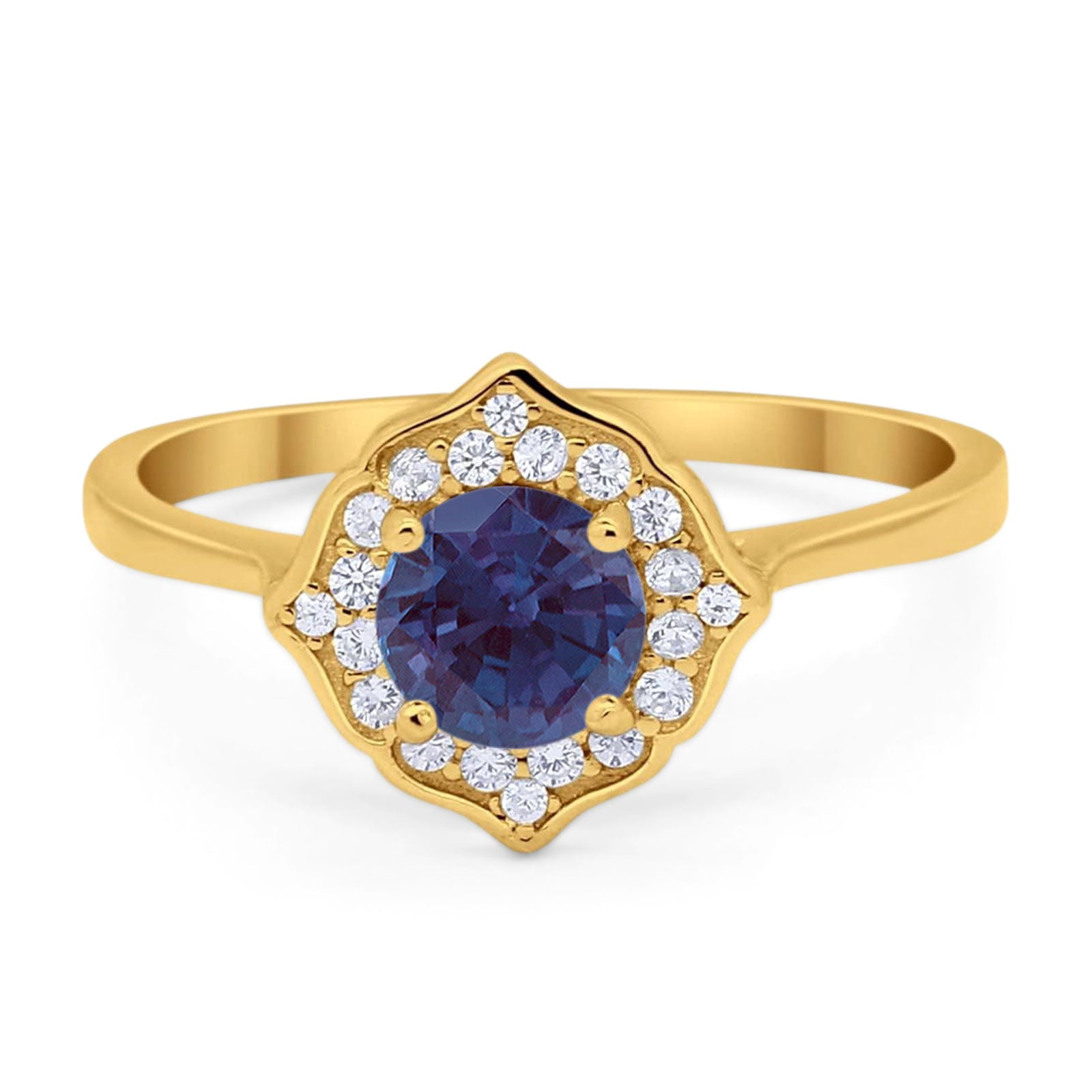 Lab Alexandrite Yellow Tone Silver Size-7 Art Deco Round Flower Ring ...