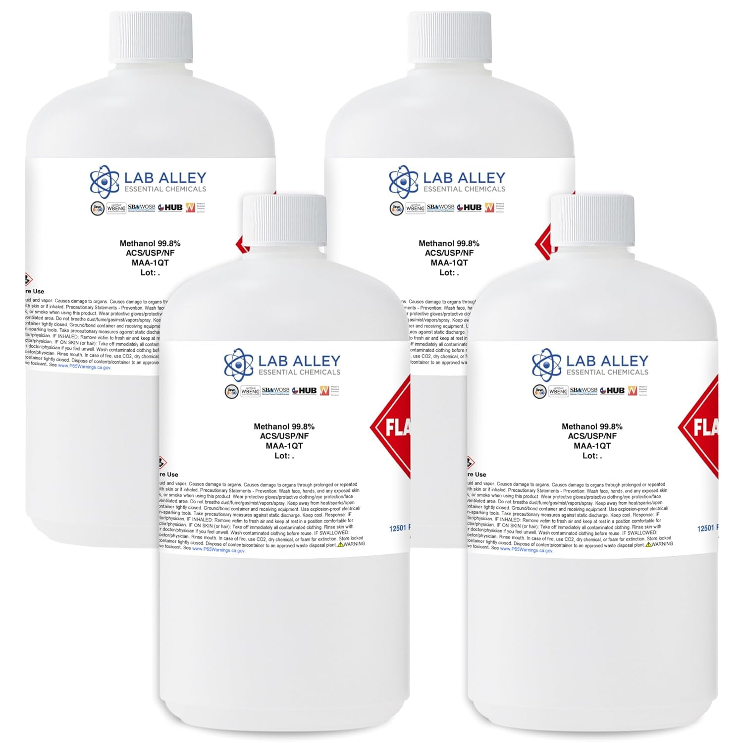 Lab Alley Methanol ≥99.8% ACS Reagent, 1 Gallon (Pack of 4 x 1 Quart ...
