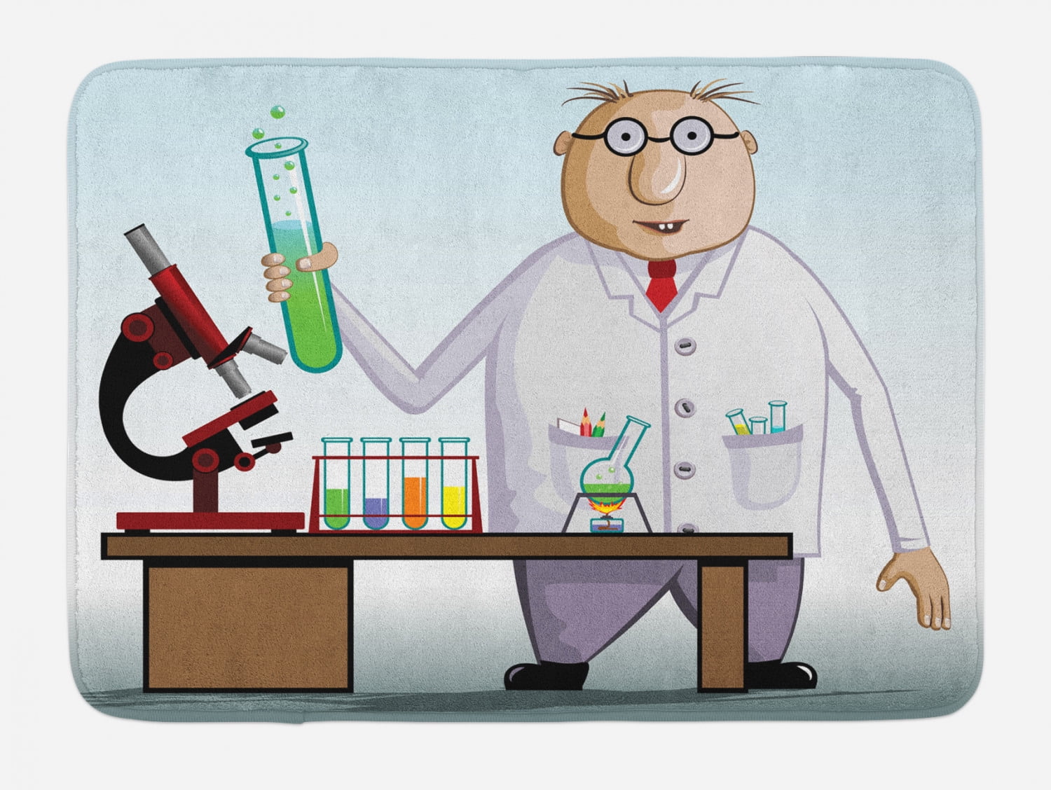 Lab Bath Mat, Scientist Chemist with Test Tubes Flask and Microscope on ...