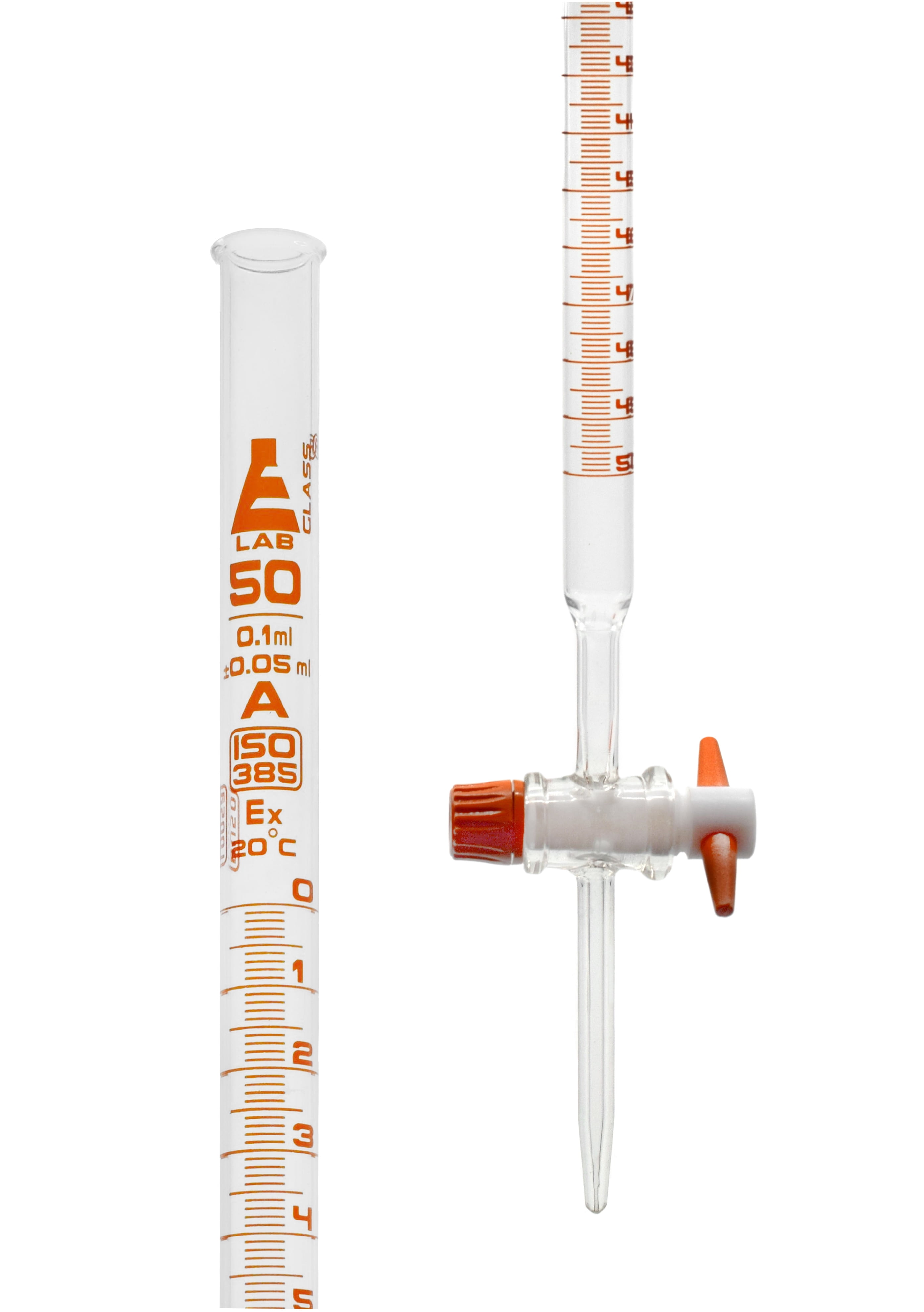 Lab Burette, 50mL - Class A - 0.1mL Amber Graduations - PTFE Stopcock - Borosilicate Glass Buret ...