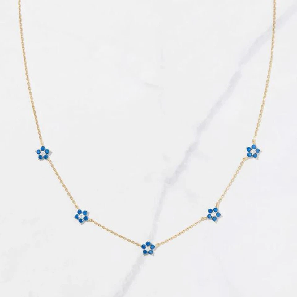 Lab-Created Blue Topaz 5-Flower Station Necklace – 14K Gold Plated ...
