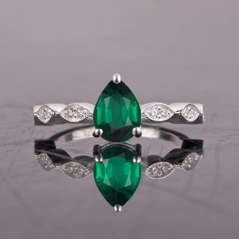 Lab Created Emerald Birthstone Ring, Marquise Shape Diamond Engagement Ring, 3 Prong Set Ring ...