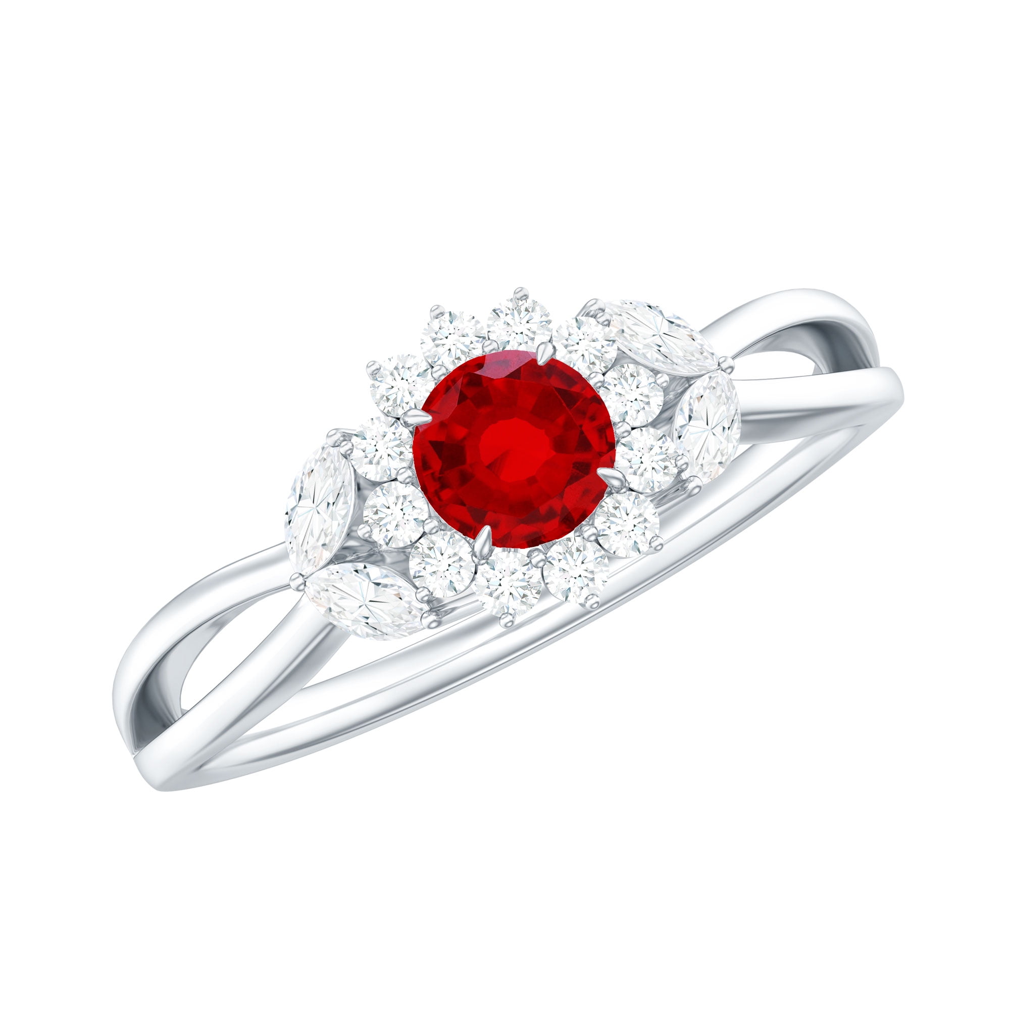 Rosec Jewels Lab Created Ruby Flower Ring with Moissanite Halo (0.75 CT ...