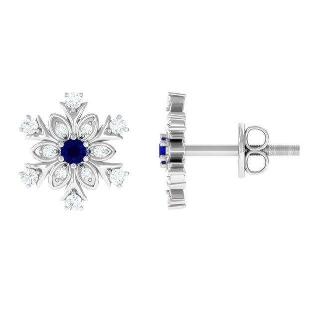 Lab Grown Blue Sapphire Stud Earrings with Moissanite, Snowflake Stud ...