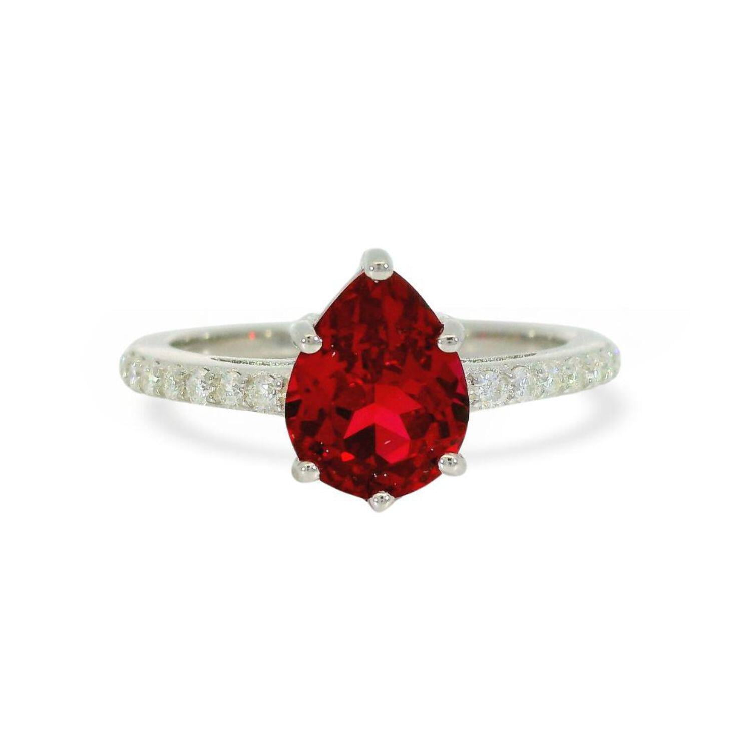 Lab Grown Ruby Teardrop Ring With Moissanite Accents Rhodium Over ...