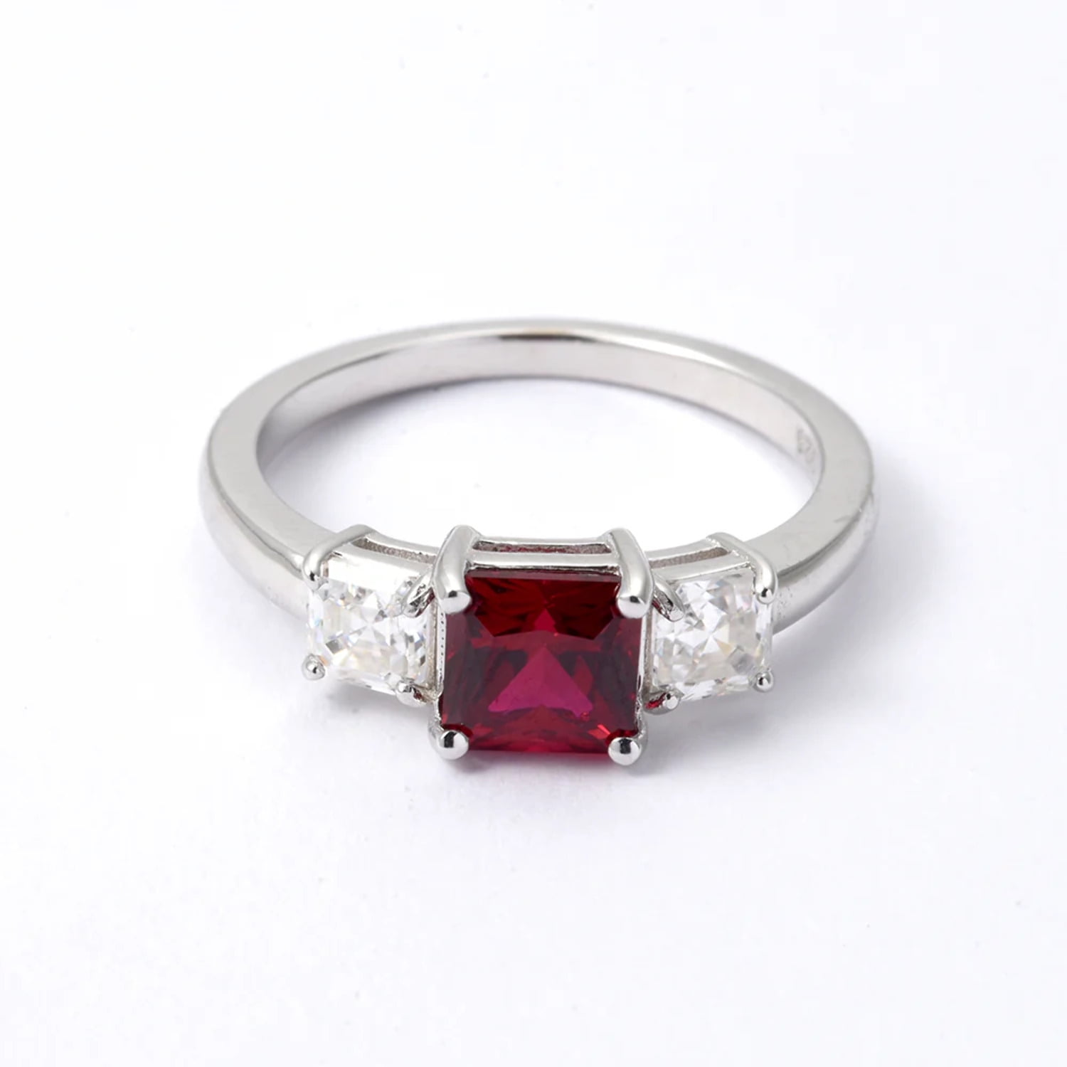 Lab Grown Ruby Three Stone Ring 925 Sterling Silver July Birthstone ...
