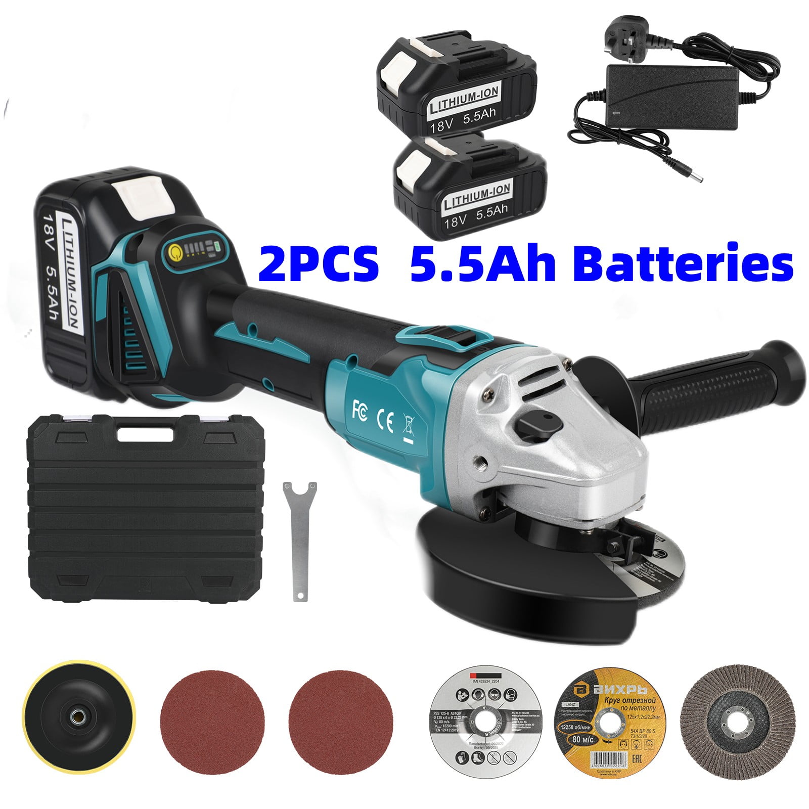 LabTEC Cordless Angle Grinder with 18V 5.5Ah Li-Ion Battery & Charger ...