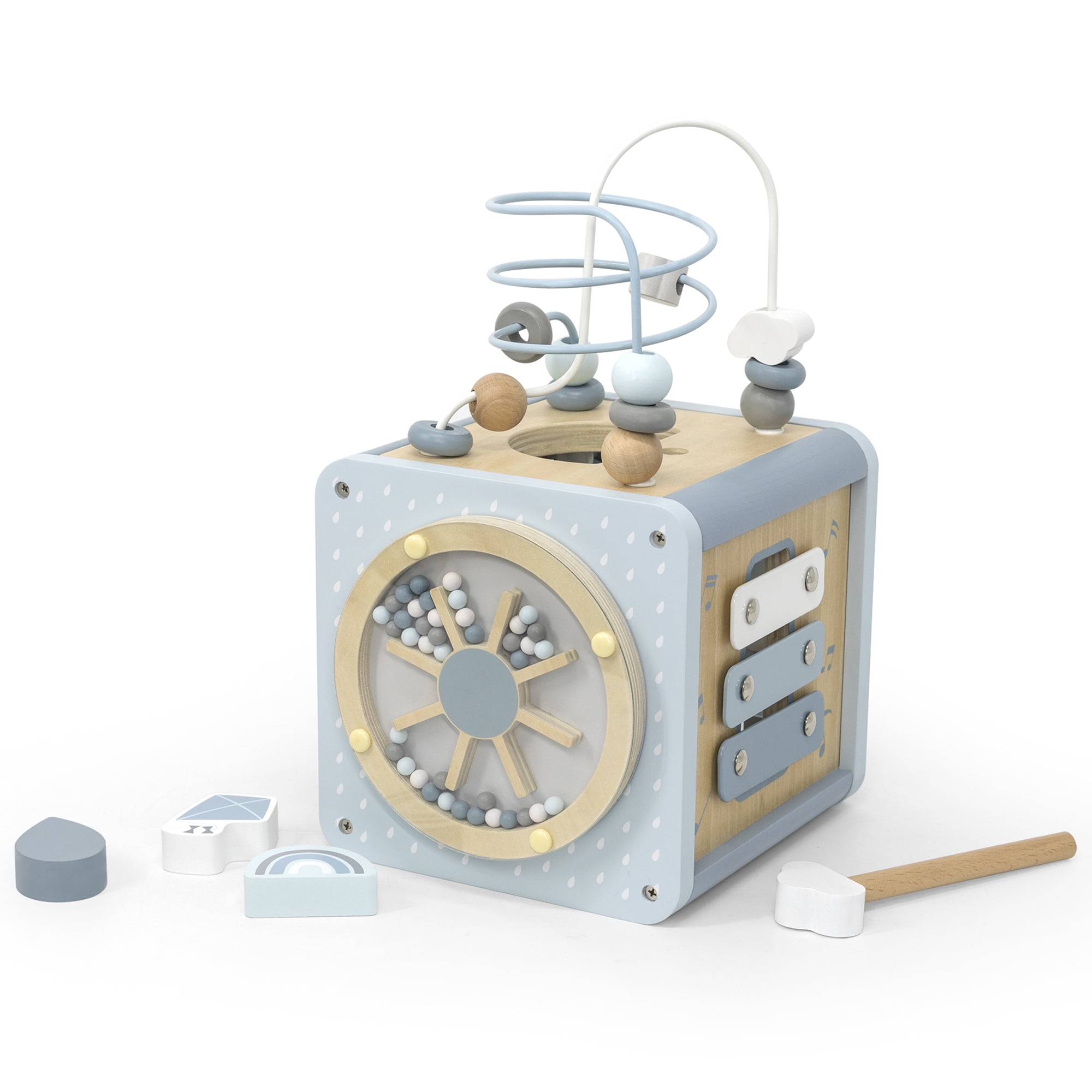 Label Label: 5-In-1 Activity Cube - Blue - Wooden Toy, Shape Sorter ...