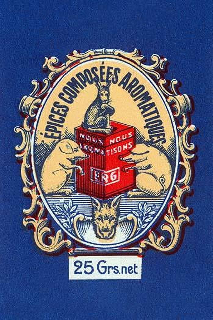 Label from spice tin featuring two rampant pigs around a box of spice ...