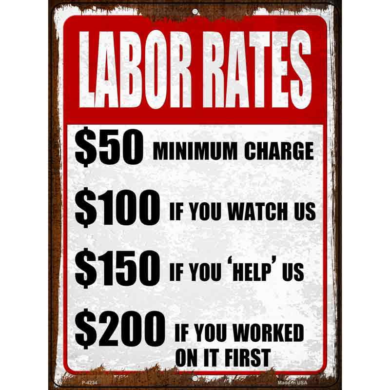 Labor Rates Watch Help Worked Novelty Metal Parking Sign 9" x 12" Sign ...