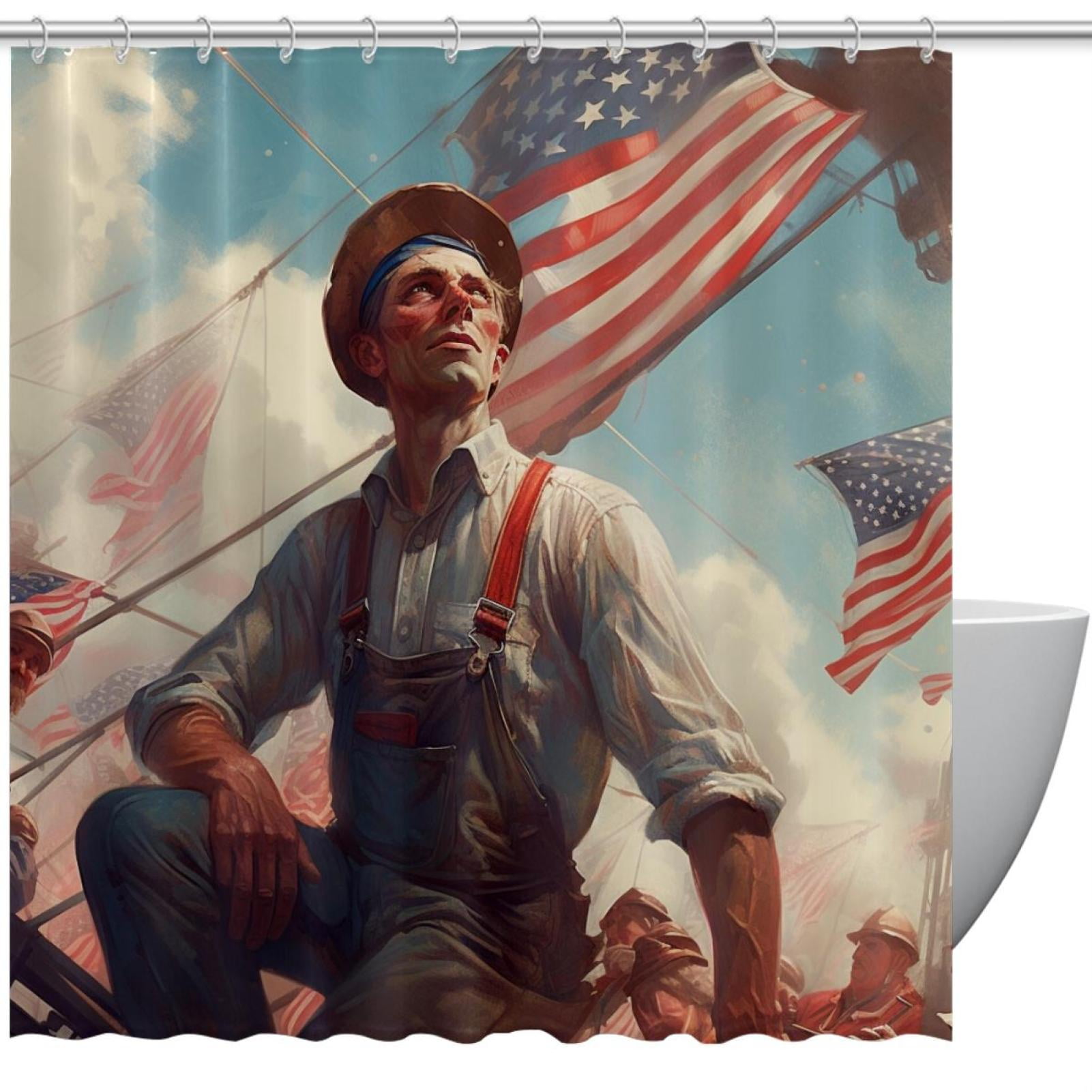 Labour Day Waterproof Printed Shower Curtain Set with Hooks - Bathroom ...