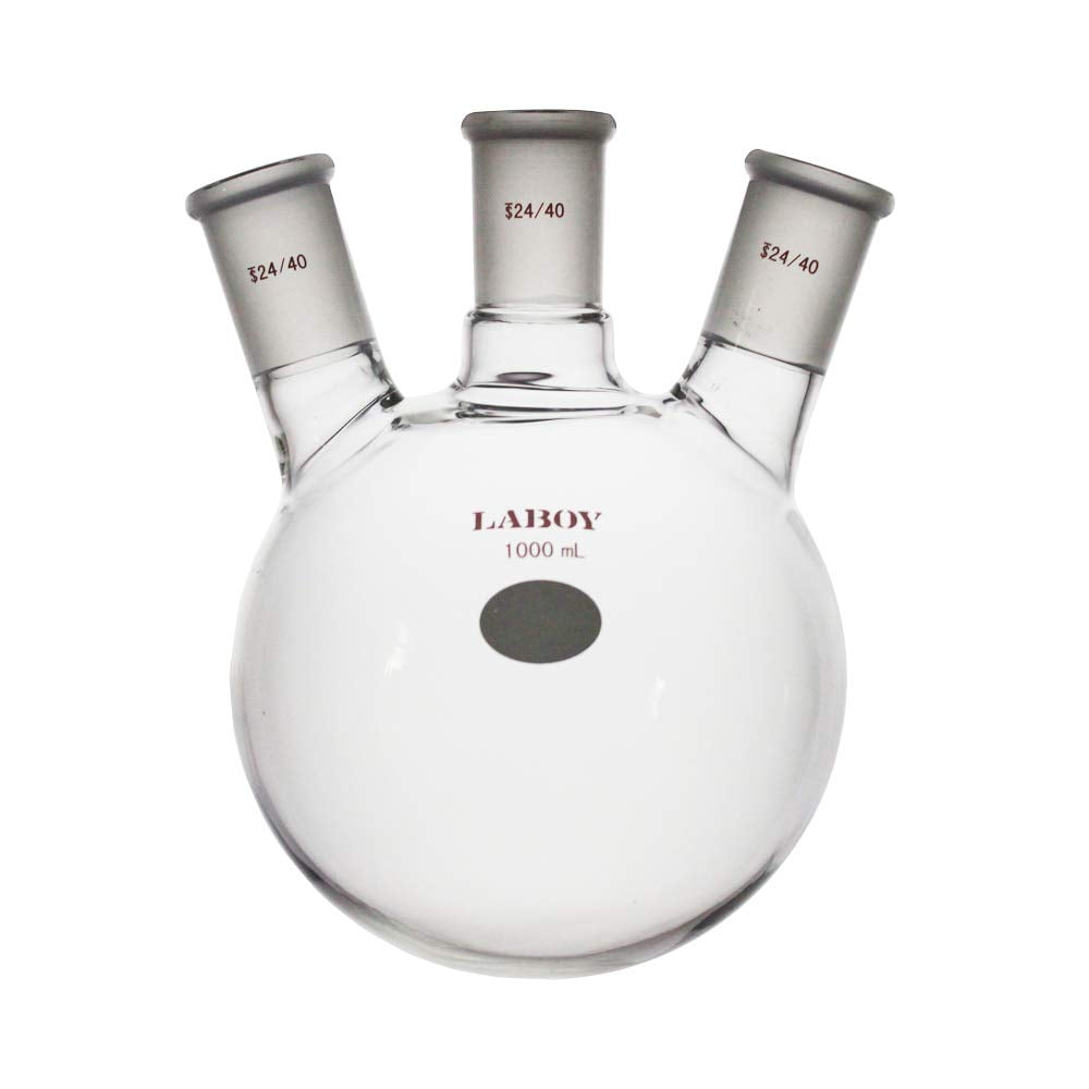 Laboy Glass 1000mL 3 Neck Round Bottom Boiling Flask with 24/40 Center & Side Joints Angled ...