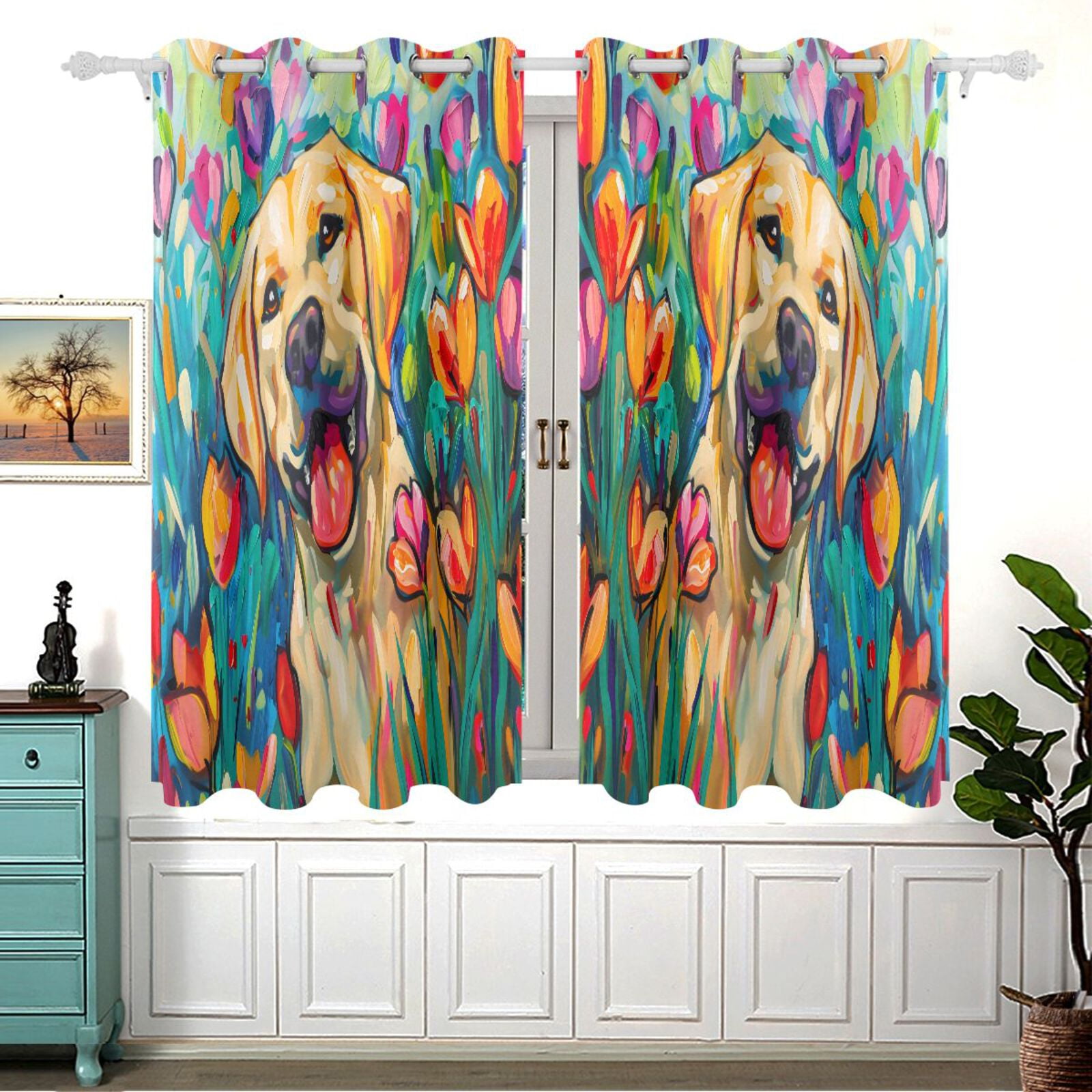 Labrador Dog Flower Curtains Grommet Black Out 54 Inch Length Curtain ...