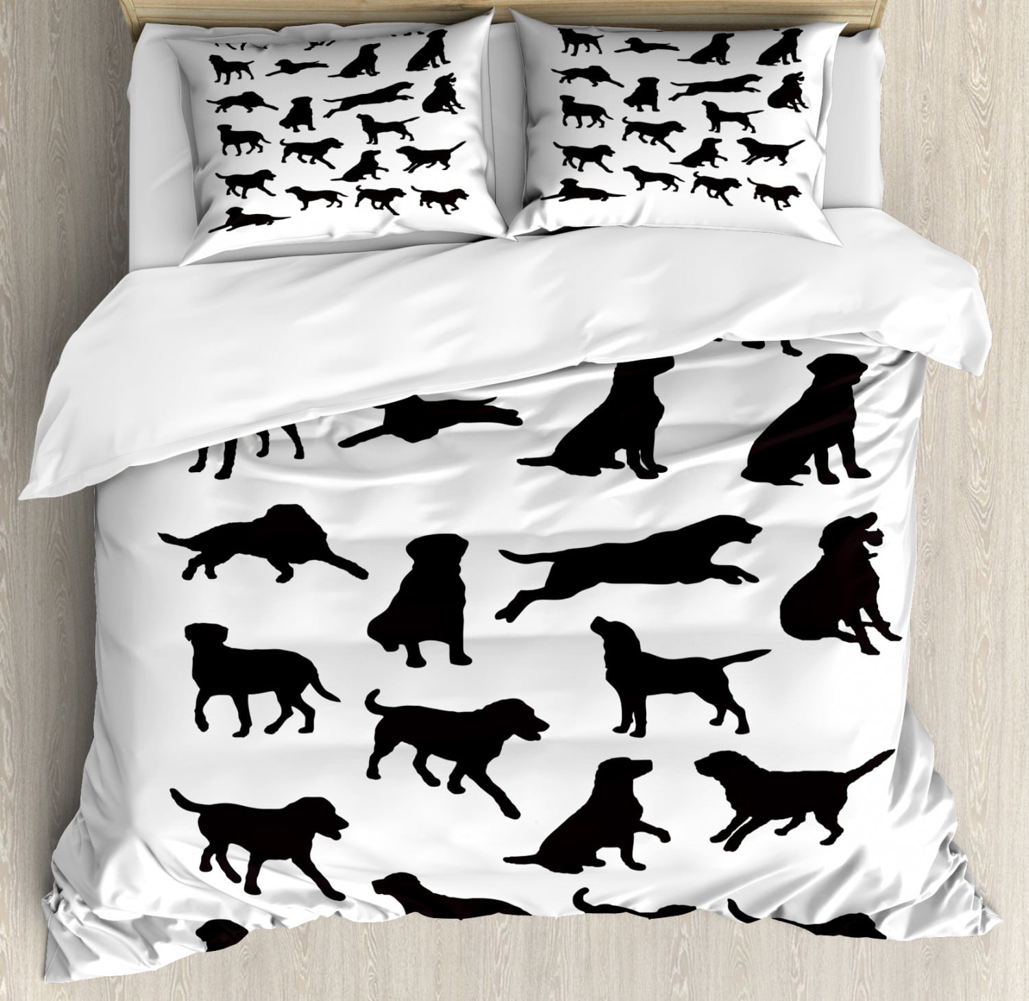 Labrador Duvet Cover Set King Size, Black Silhouettes of Pets in ...