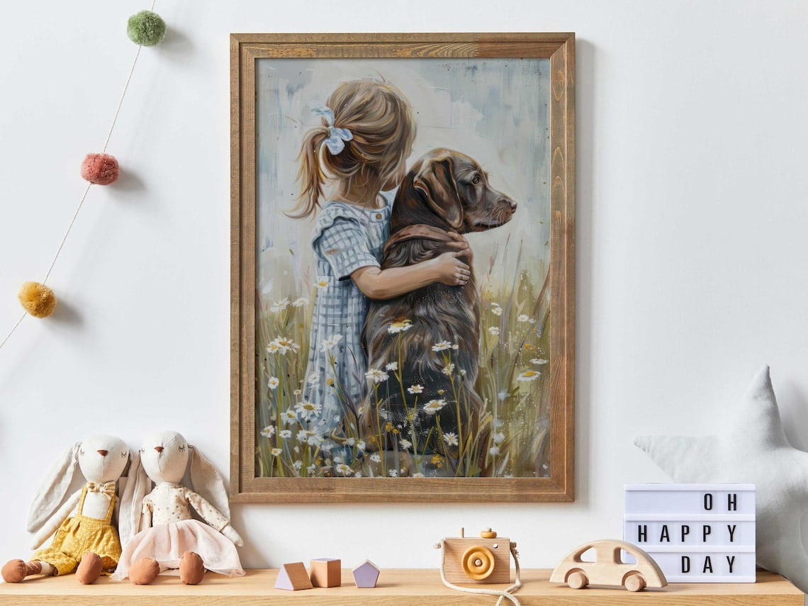 Labrador Nursery Wall Art, Brown Lab Print, Lab & Little Girl Painting ...