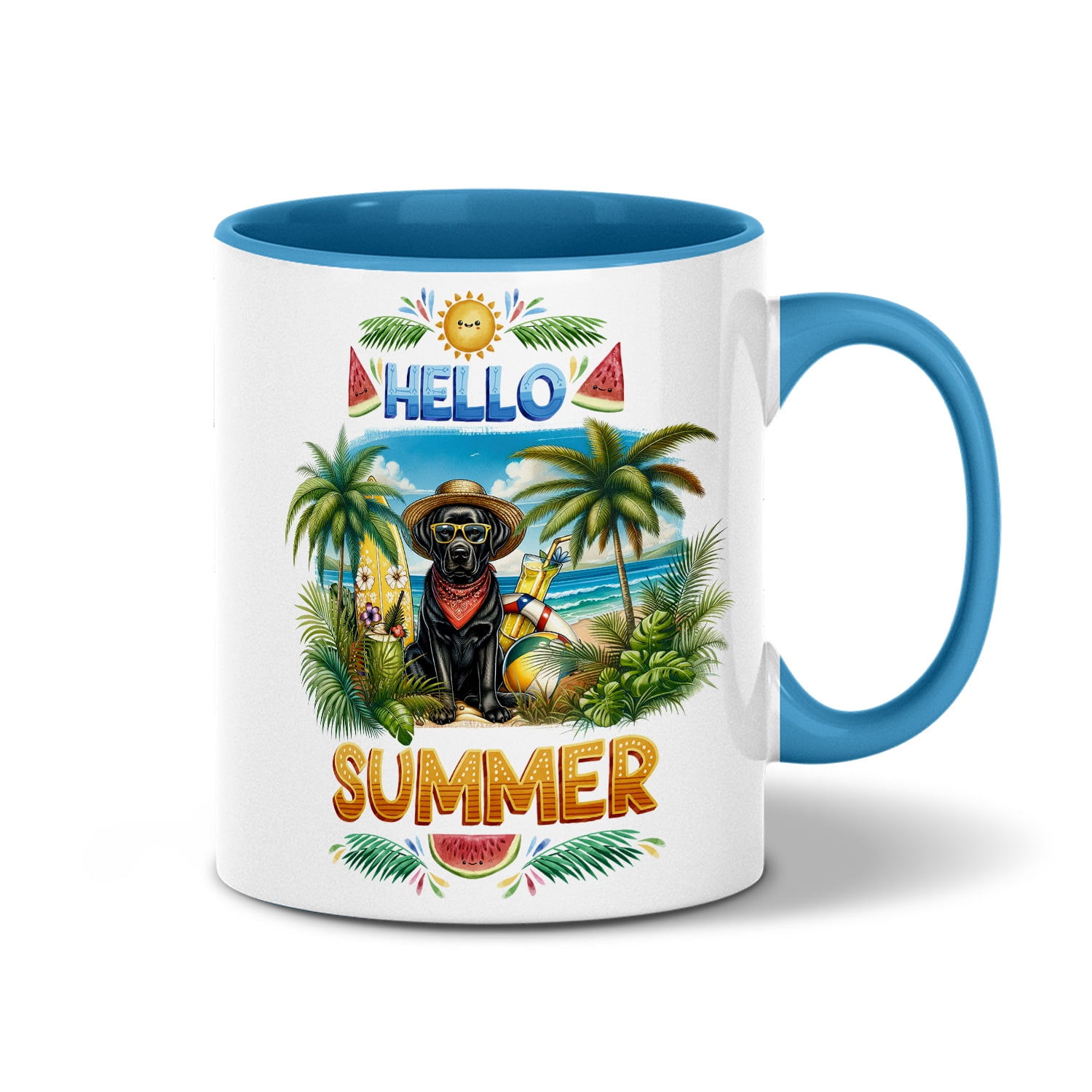 Labrador Retriever Hello Summer with Sunglasses and Surfboard Tropical ...