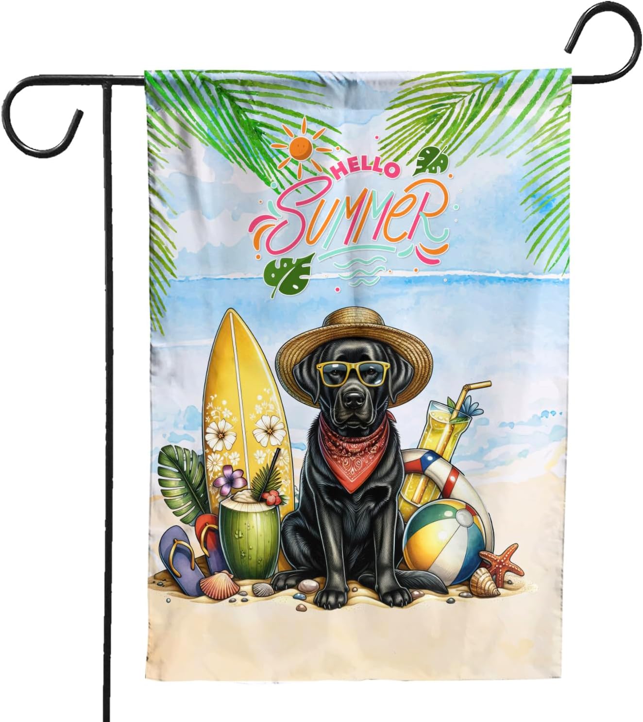 Labrador Retriever Hello Summer with Sunglasses and Surfboard Tropical ...